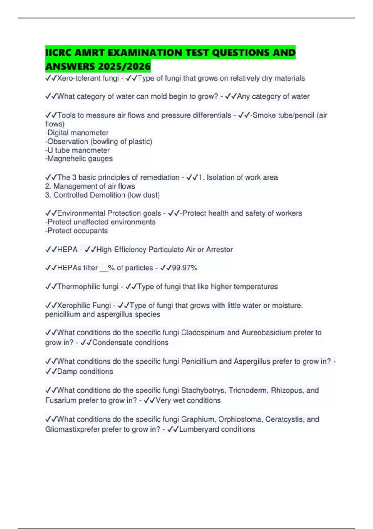 IICRC AMRT EXAMINATION TEST QUESTIONS AND ANSWERS 2025/2026 - Amrt ...