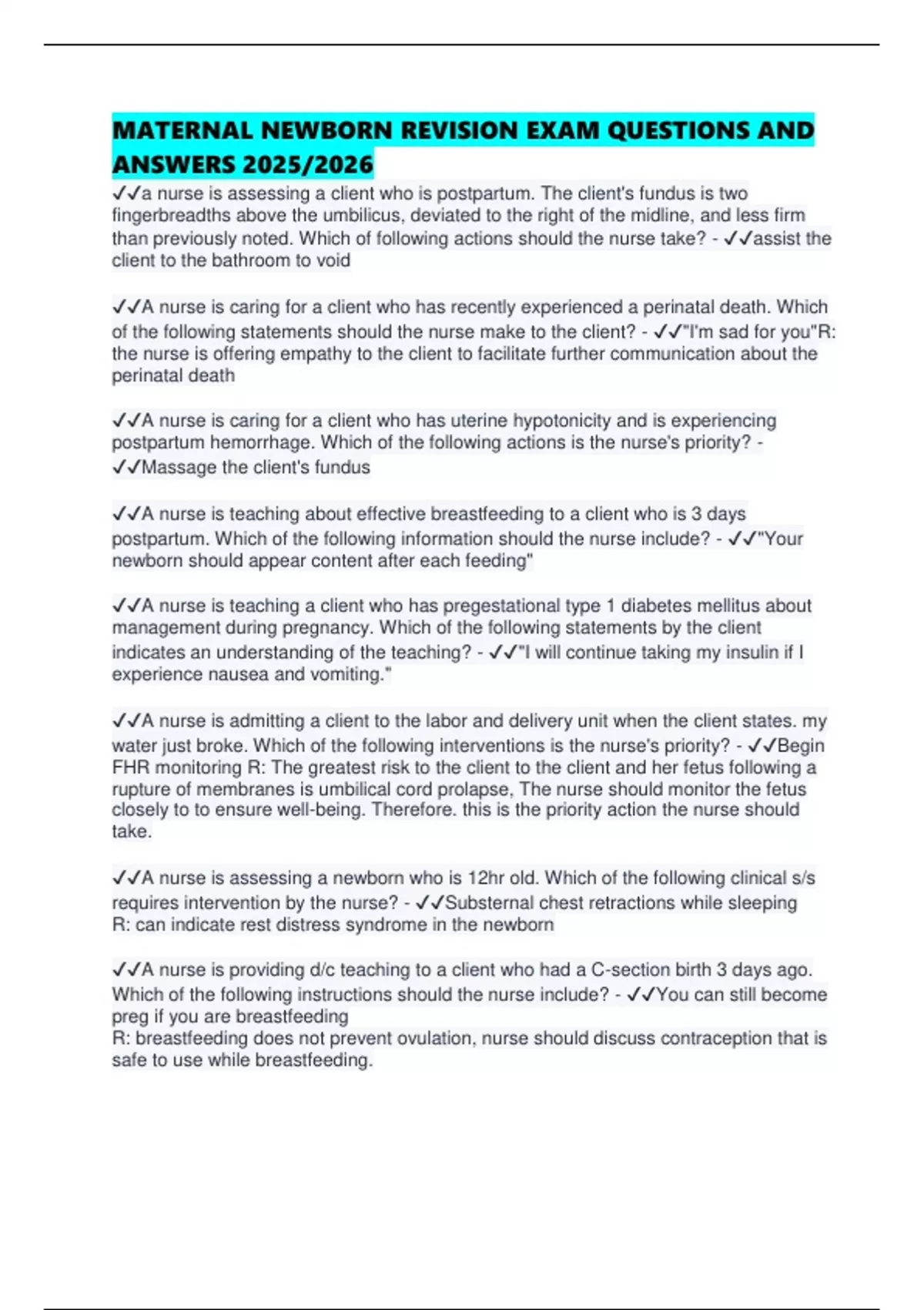 MATERNAL NEWBORN REVISION EXAM QUESTIONS AND ANSWERS 2025/2026 ...