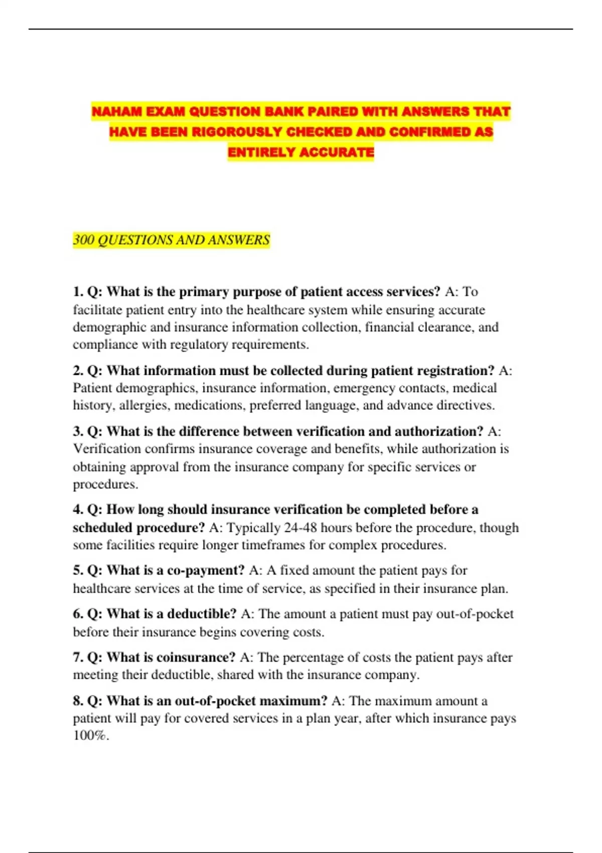 NAHAM EXAM QUESTION BANK PAIRED WITH ANSWERS THAT HAVE BEEN RIGOROUSLY CHECKED AND CONFIRMED AS ...