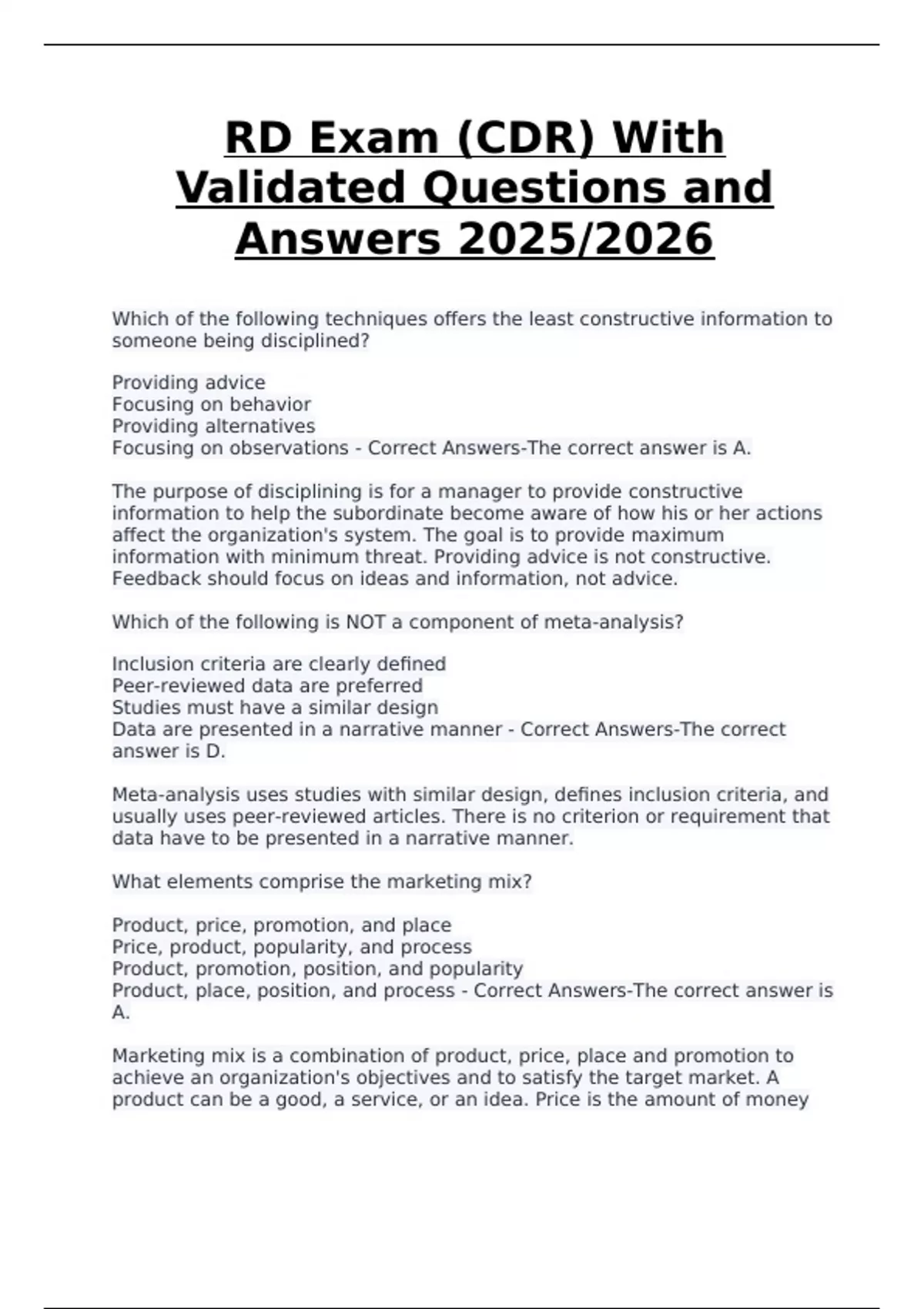 RD Exam (CDR) – With Validated Questions and Answers (2025/2026) - RD ...