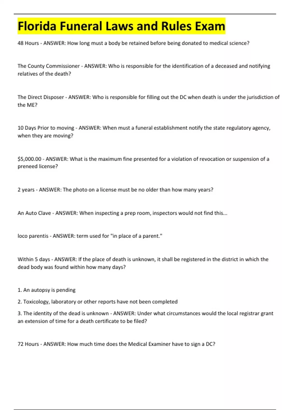 Florida Funeral Laws and Rules Exam - Florida Funeral Laws and Rules ...