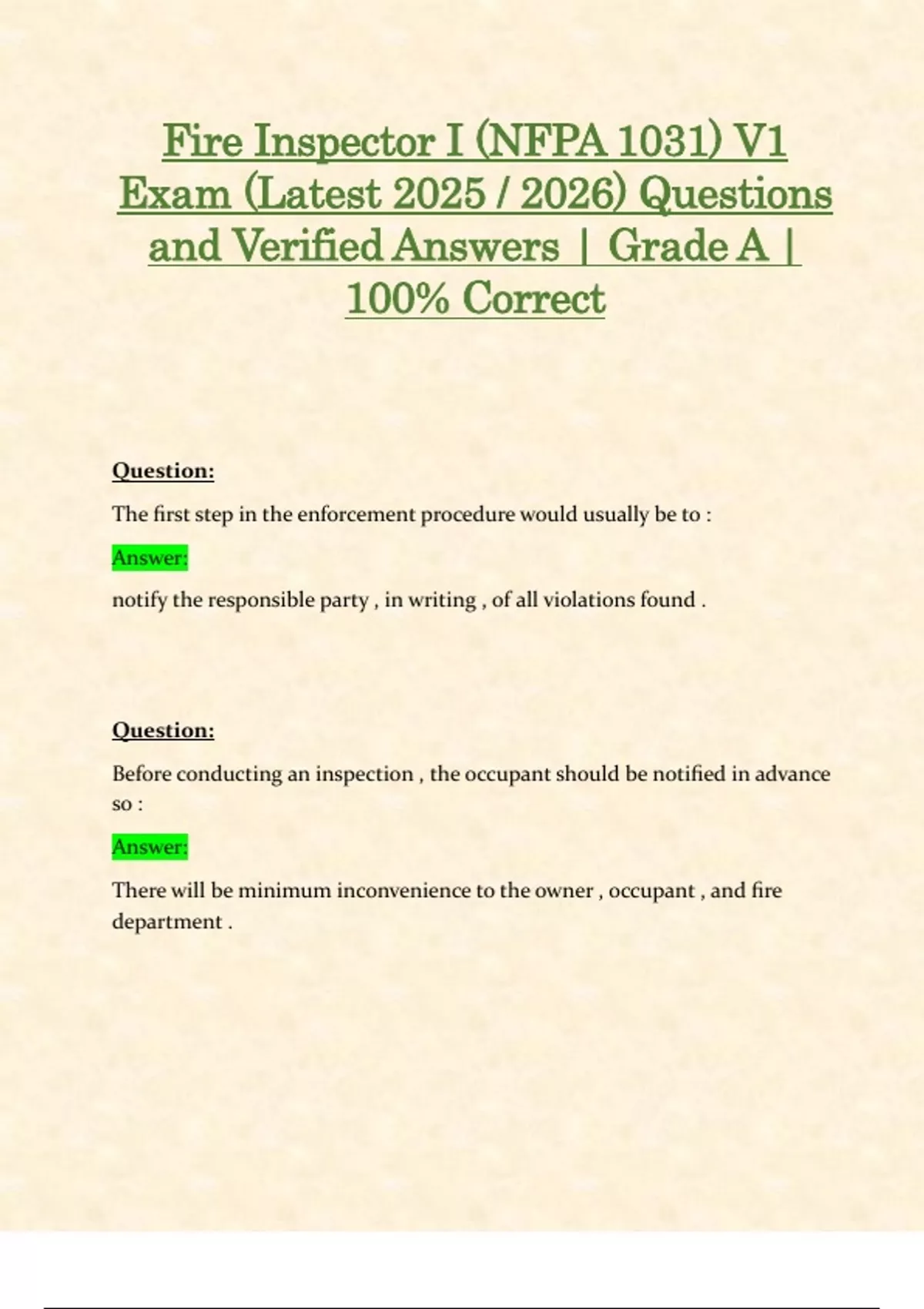 Fire Inspector I (NFPA 1031) V1 & V2 Exams (Latest 2025 / 2026 Updates ...