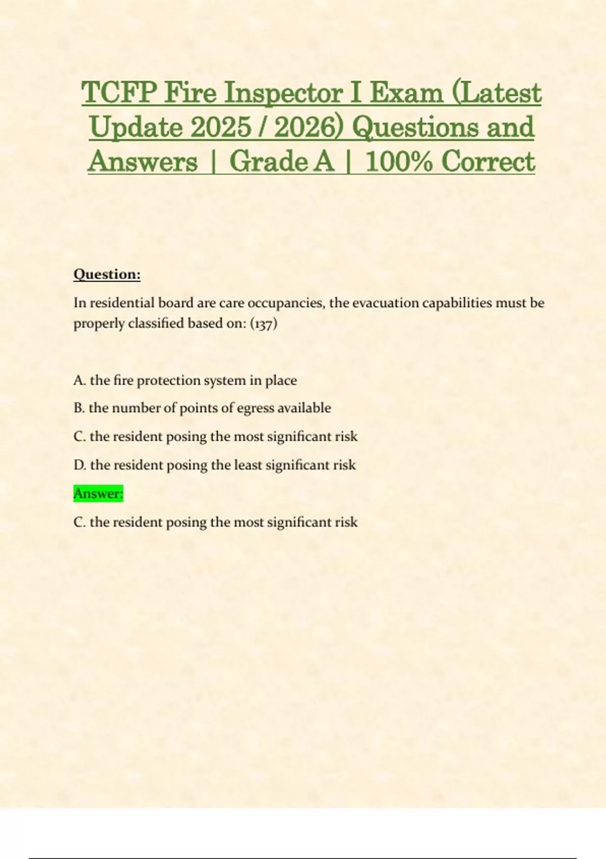 TCFP Fire Inspector I, II & Plans Examiner Exams (Latest 2025 / 2026 ...