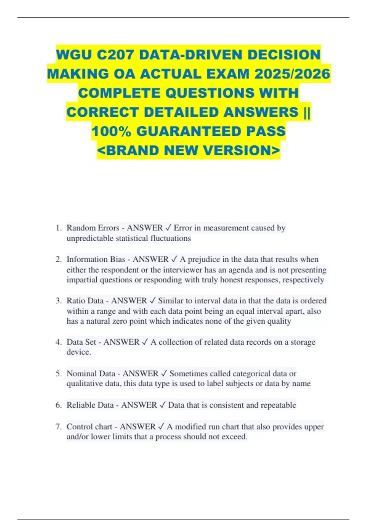 WGU C207 DATA-DRIVEN DECISION MAKING OA ACTUAL EXAM 2025/2026 COMPLETE ...
