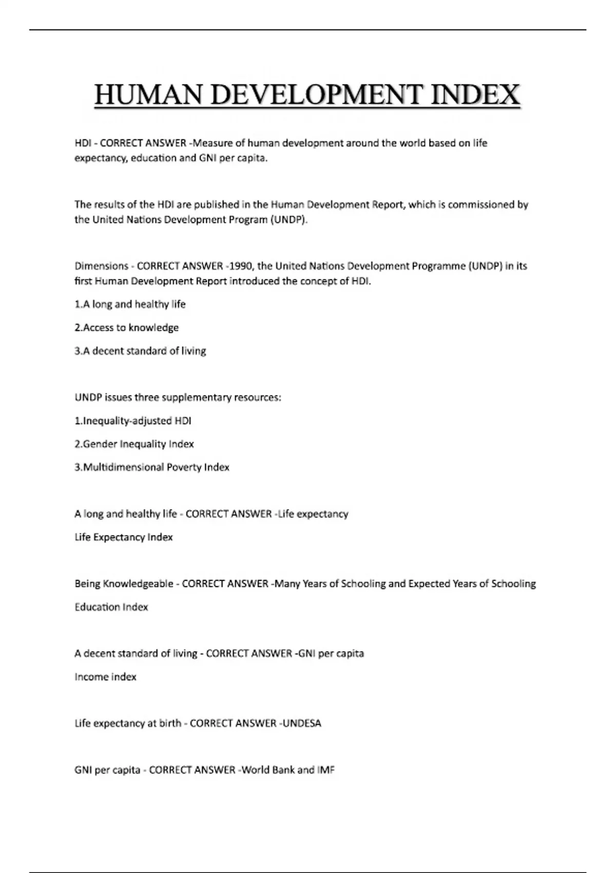 HUMAN DEVELOPMENT INDEX HDI - CORRECT ANSWER -Measure of human ...