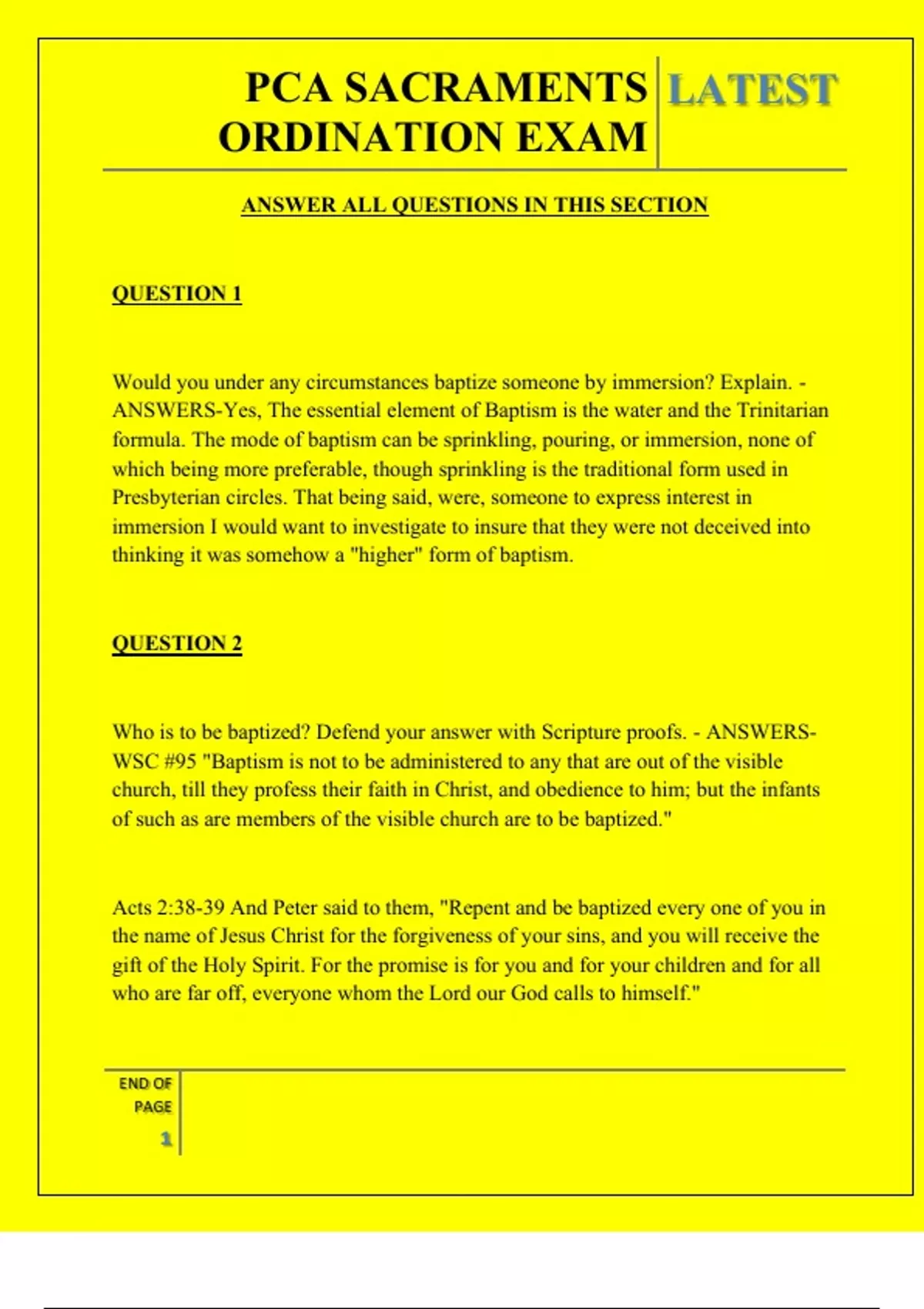 PCA SACRAMENTS ORDINATION EXAM QUESTIONS AND ANSWERS 2025 - PCA ...