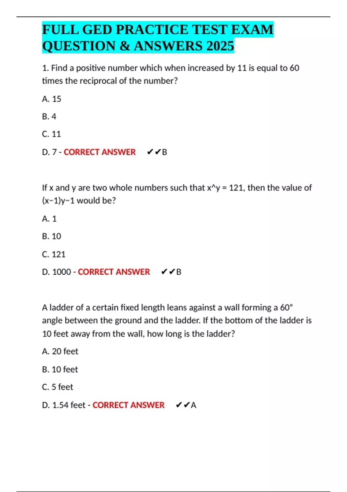 FULL GED PRACTICE TEST EXAM QUESTION & ANSWERS 2025.docx - Texas Pre ...