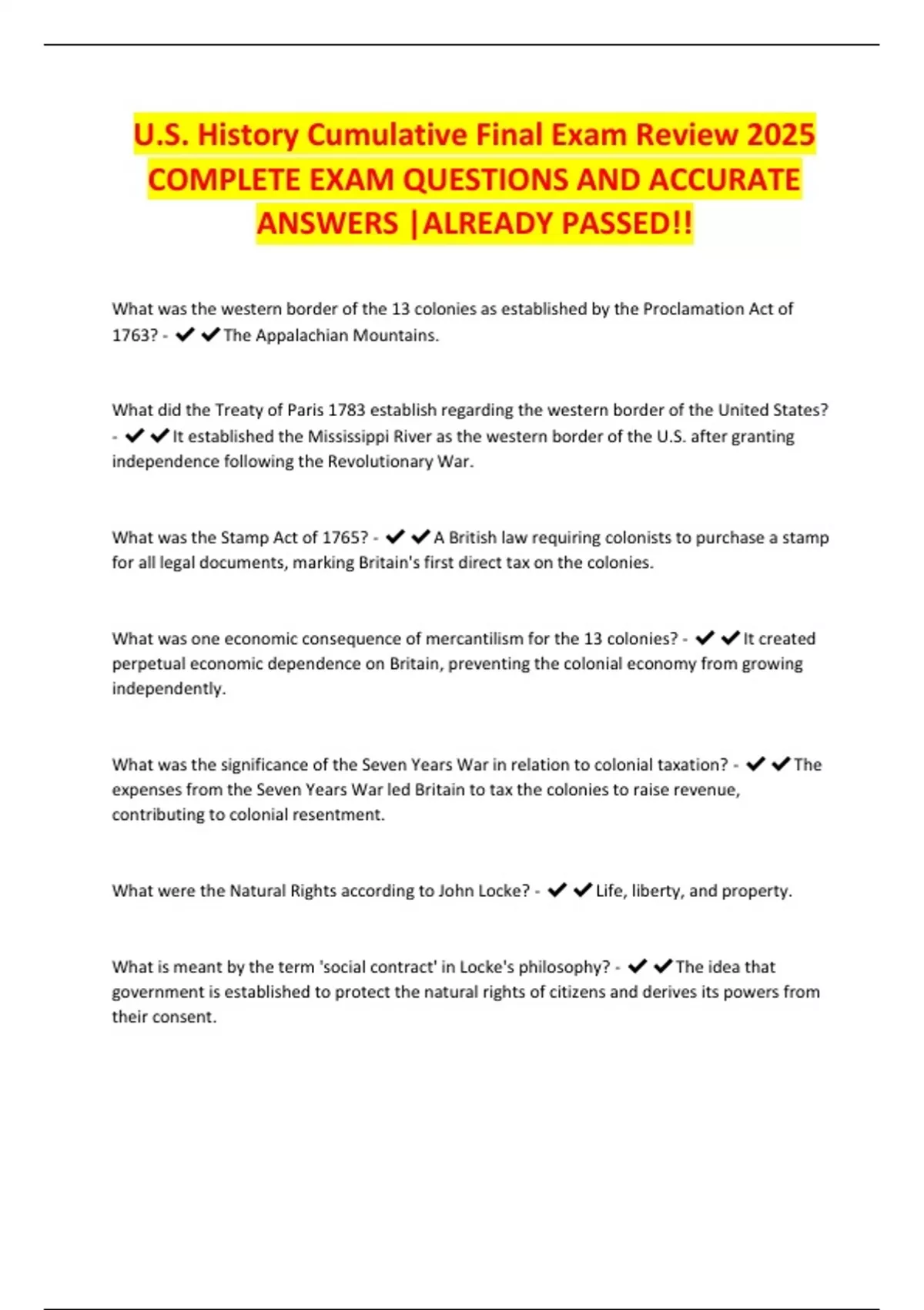 U.S. History Cumulative Final Exam Review 2025 COMPLETE EXAM QUESTIONS ...