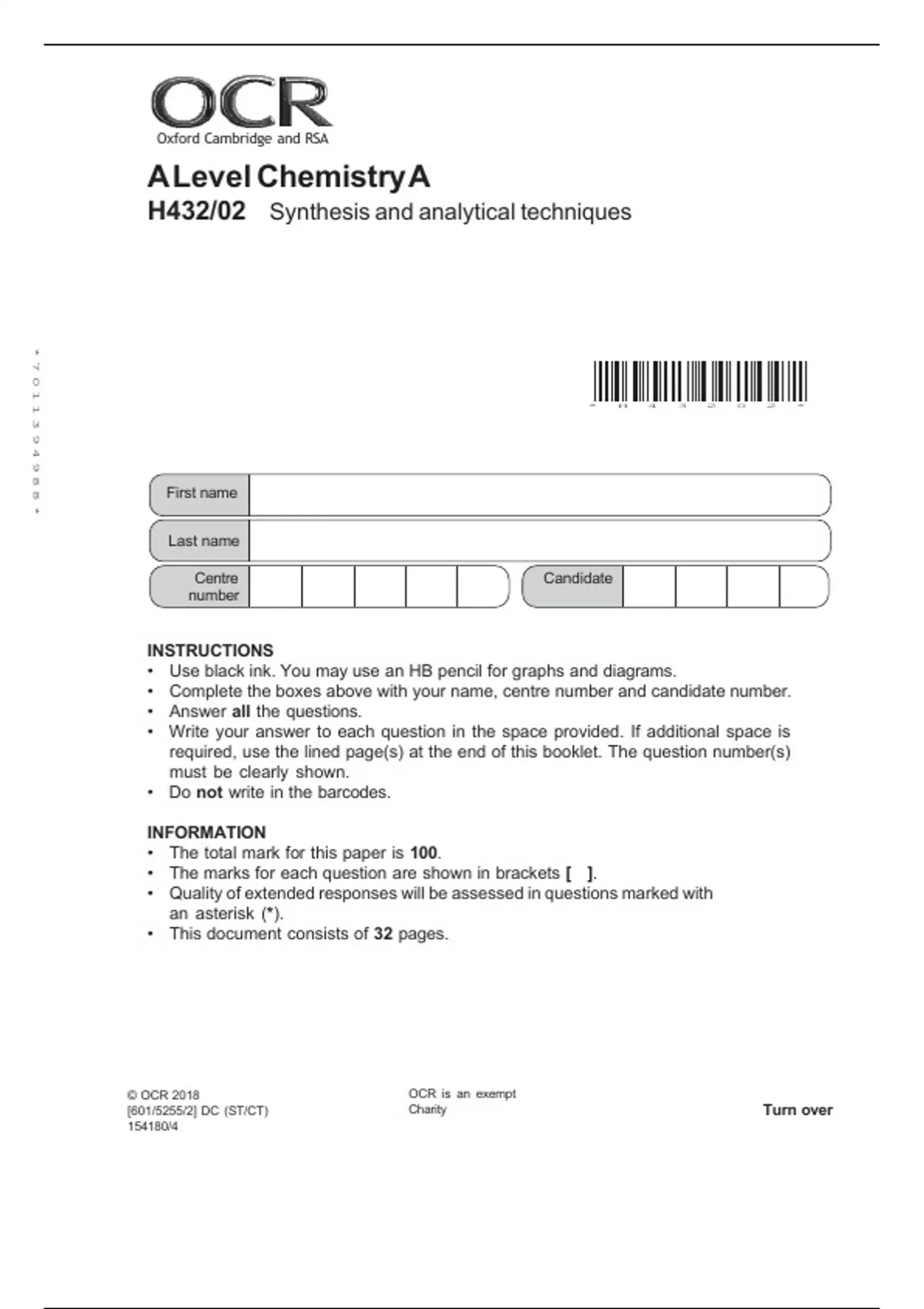 OCR Oxford Cambridge and RSA A Level Chemistry A H432/02 Synthesis and ...