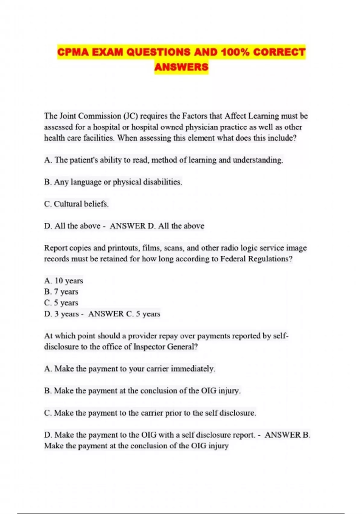 CPMA EXAM QUESTIONS AND 100% CORRECT ANSWERS - CPMA - Stuvia US