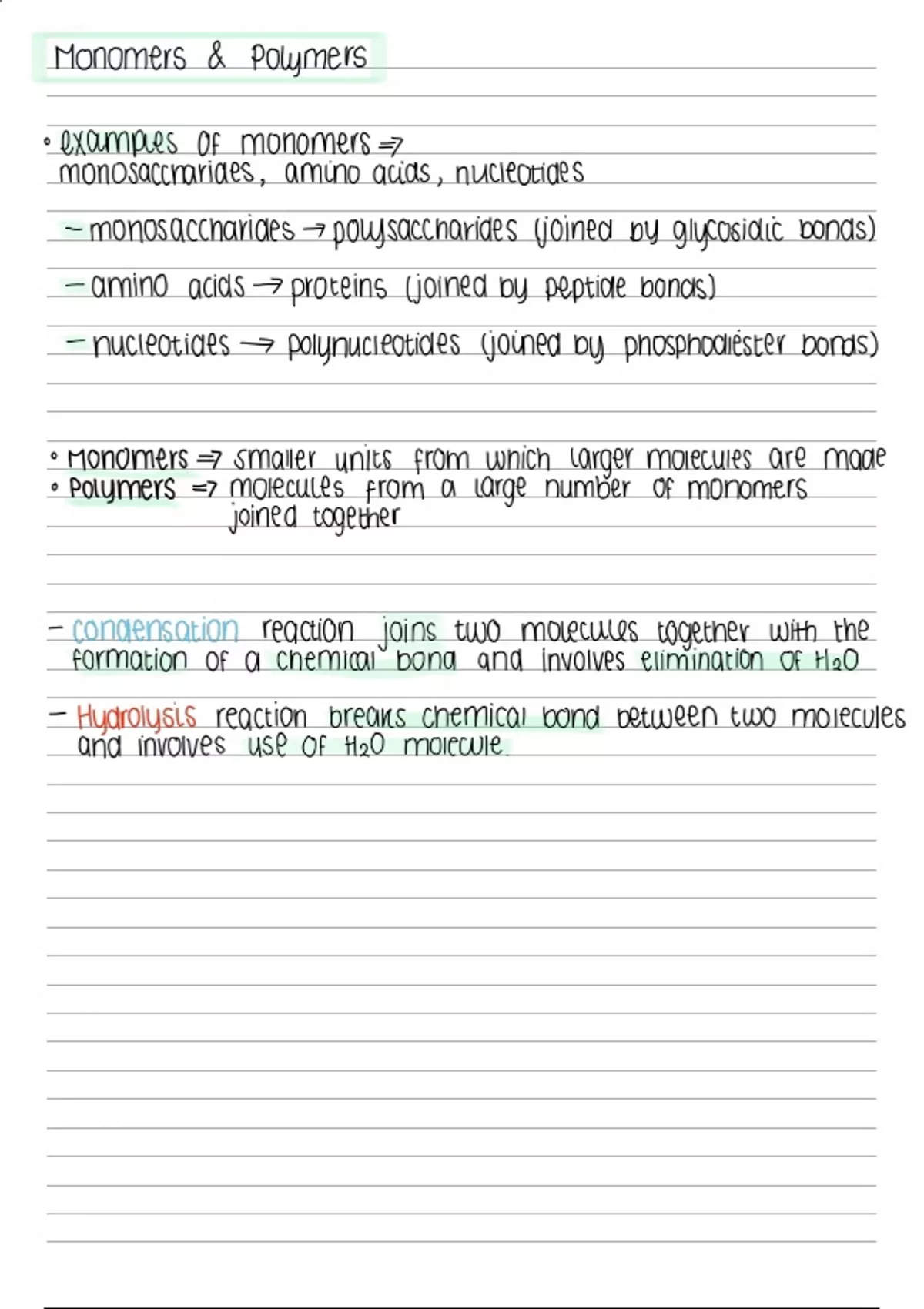 Summary Monomers & polymers a-level AQA - Unit 1 - Biological molecules ...