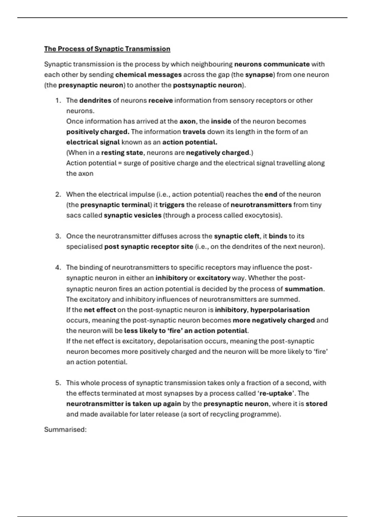 Summary The Process of Synaptic Transmission Revision Sheets and ...