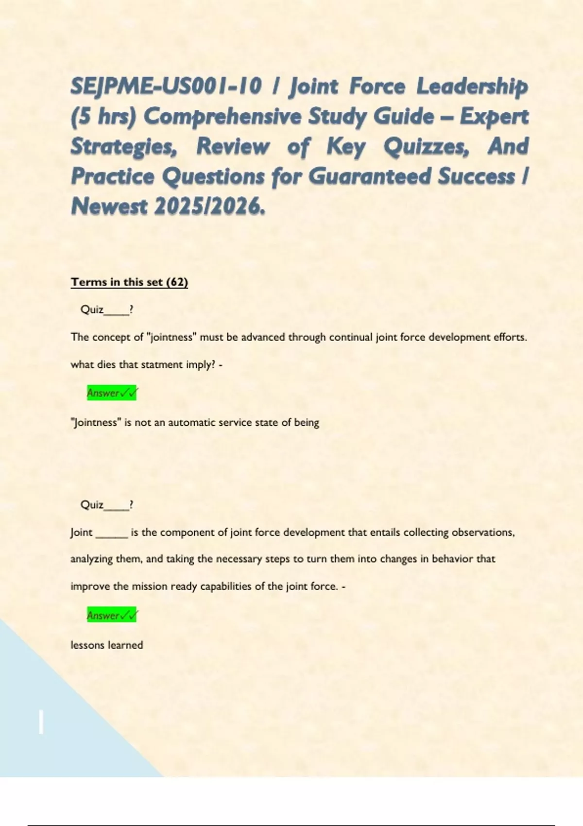 SEJPME-US001-10 / Joint Force Leadership (5 hrs) Comprehensive Study ...