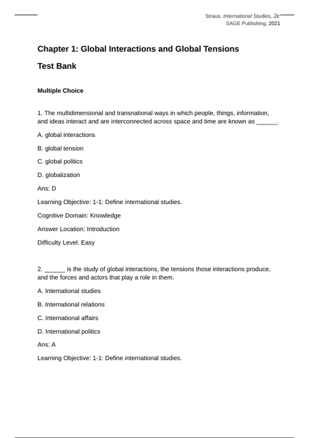 test bank, practice questions: International Studies Global Forces ...
