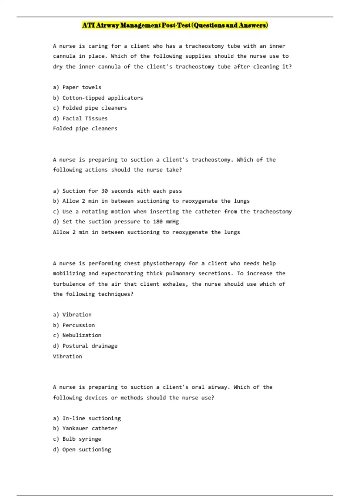 ATI Airway Management Post-Test (Questions and Answers) - ATI Airway ...