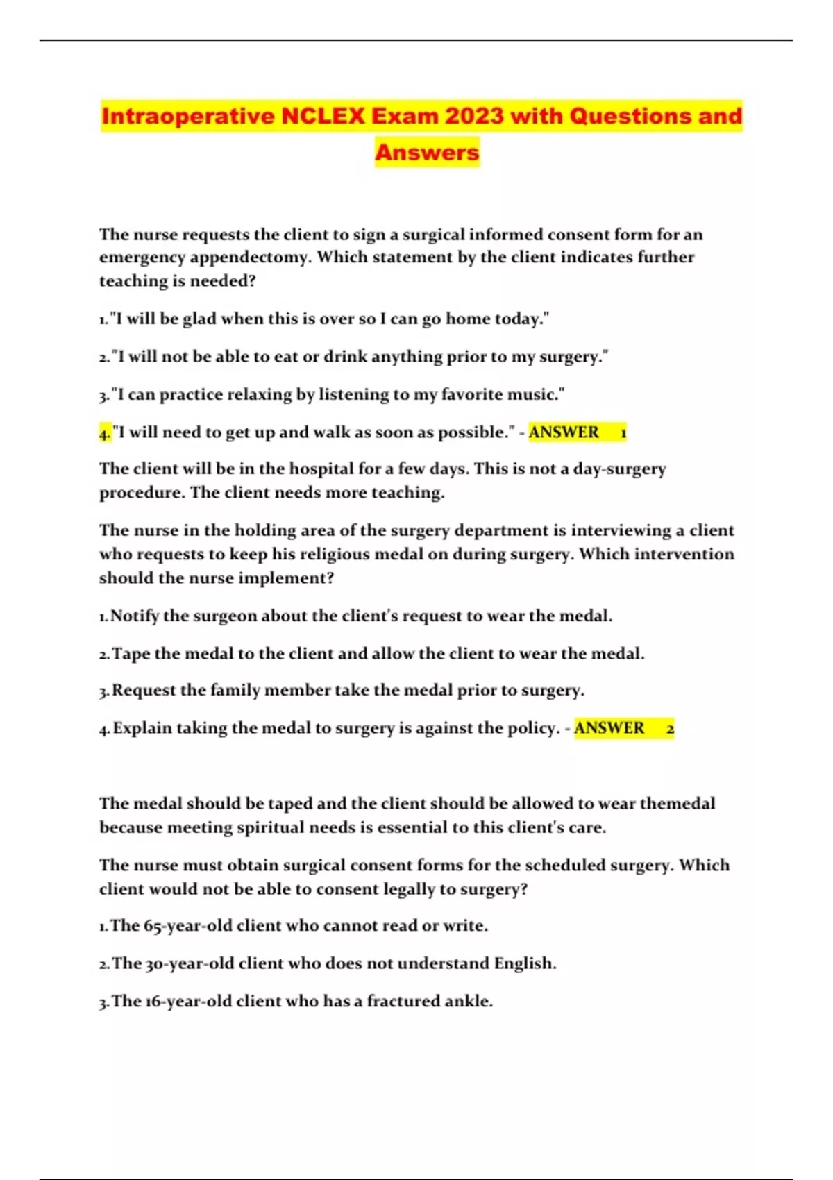 Intraoperative NCLEX Exam 2023 – Full Practice Questions with Correct ...