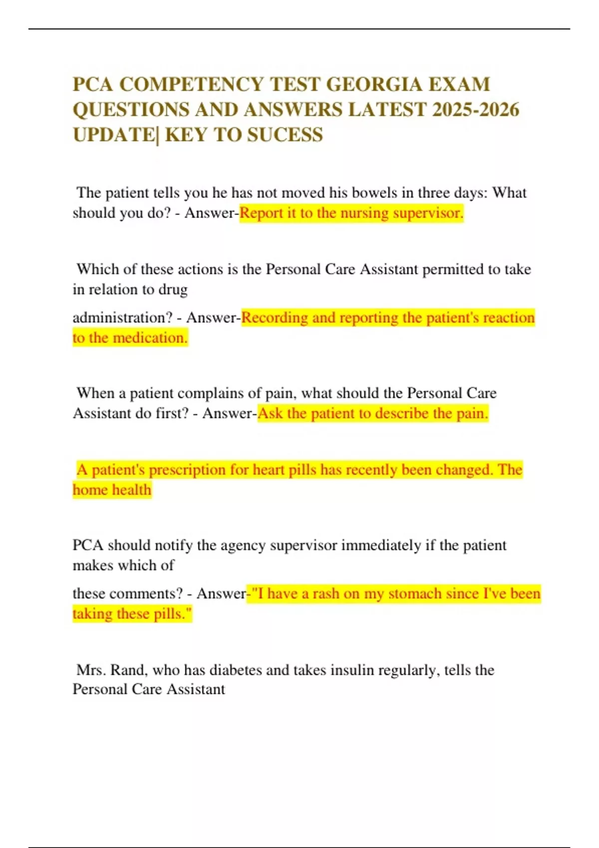 PCA COMPETENCY TEST GEORGIA EXAM QUESTIONS AND ANSWERS LATEST UPDATE ...