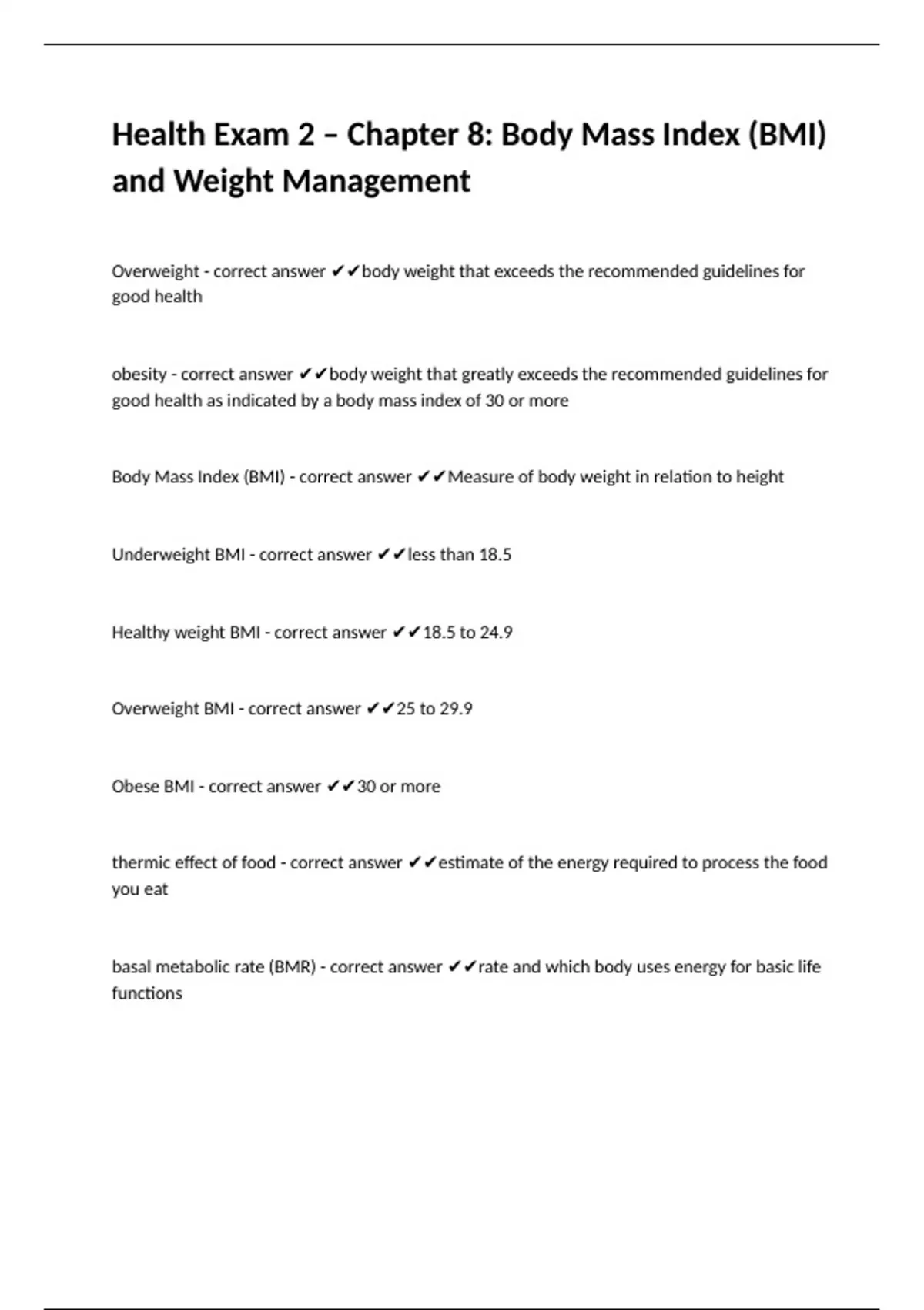 Health Exam 2 – Chapter 8: Body Mass Index (BMI) and Weight Management ...