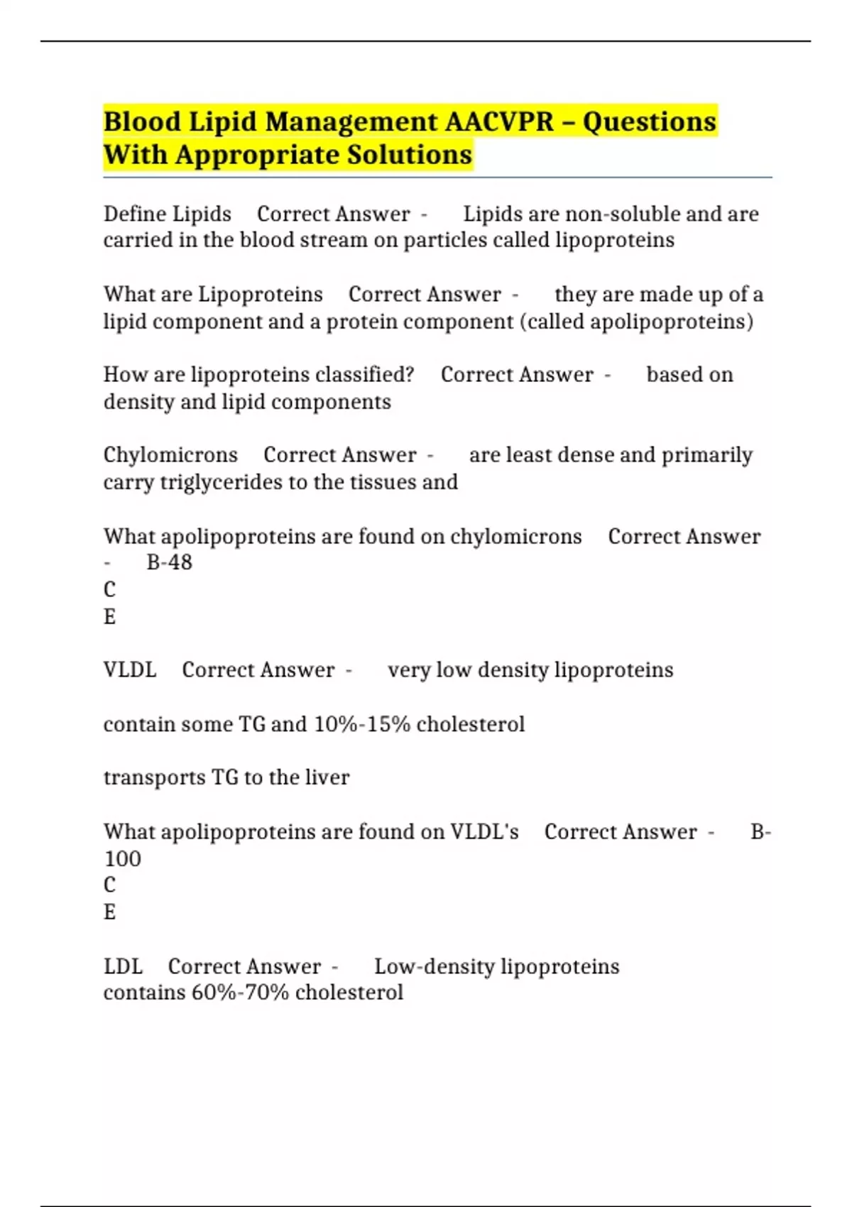 Blood Lipid Management AACVPR – Questions With Appropriate Solutions - AACVPR - Stuvia US