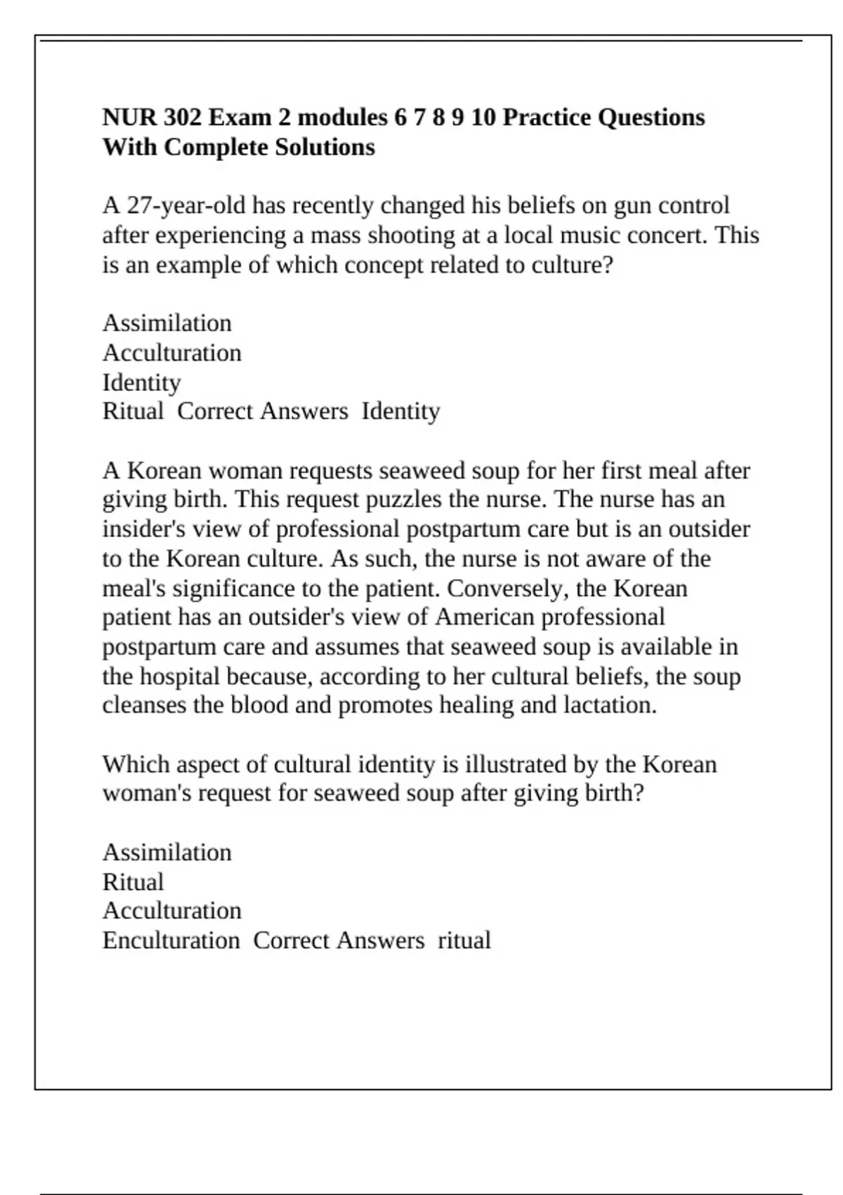 NUR 302 Exam 2 modules 6 7 8 9 10 Practice Questions With Complete Solutions - NUR 302 - Stuvia US