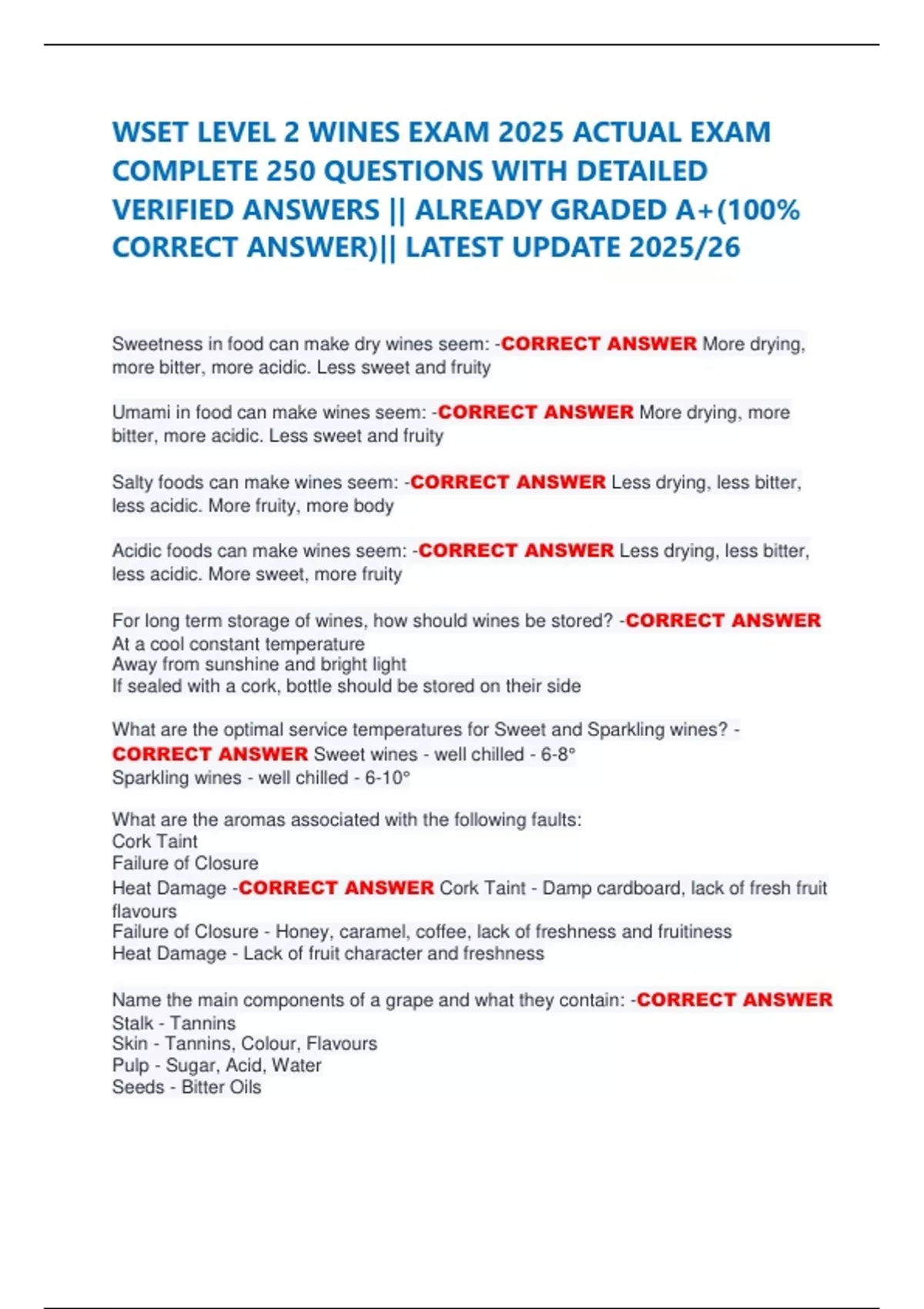 WSET LEVEL 2 WINES EXAM 2025 ACTUAL EXAM COMPLETE 250 QUESTIONS WITH DETAILED VERIFIED ANSWERS ...