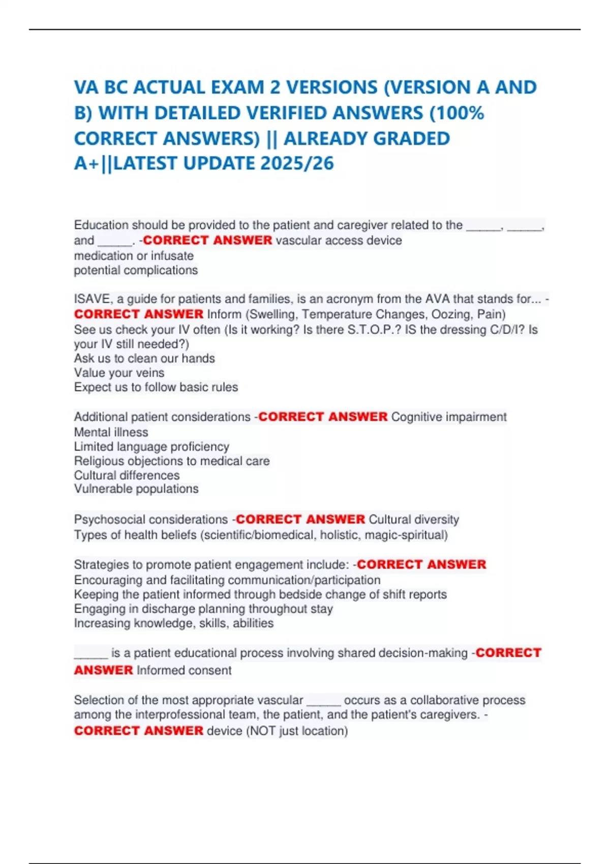 VA BC ACTUAL EXAM 2 VERSIONS (VERSION A AND B) WITH DETAILED VERIFIED ...