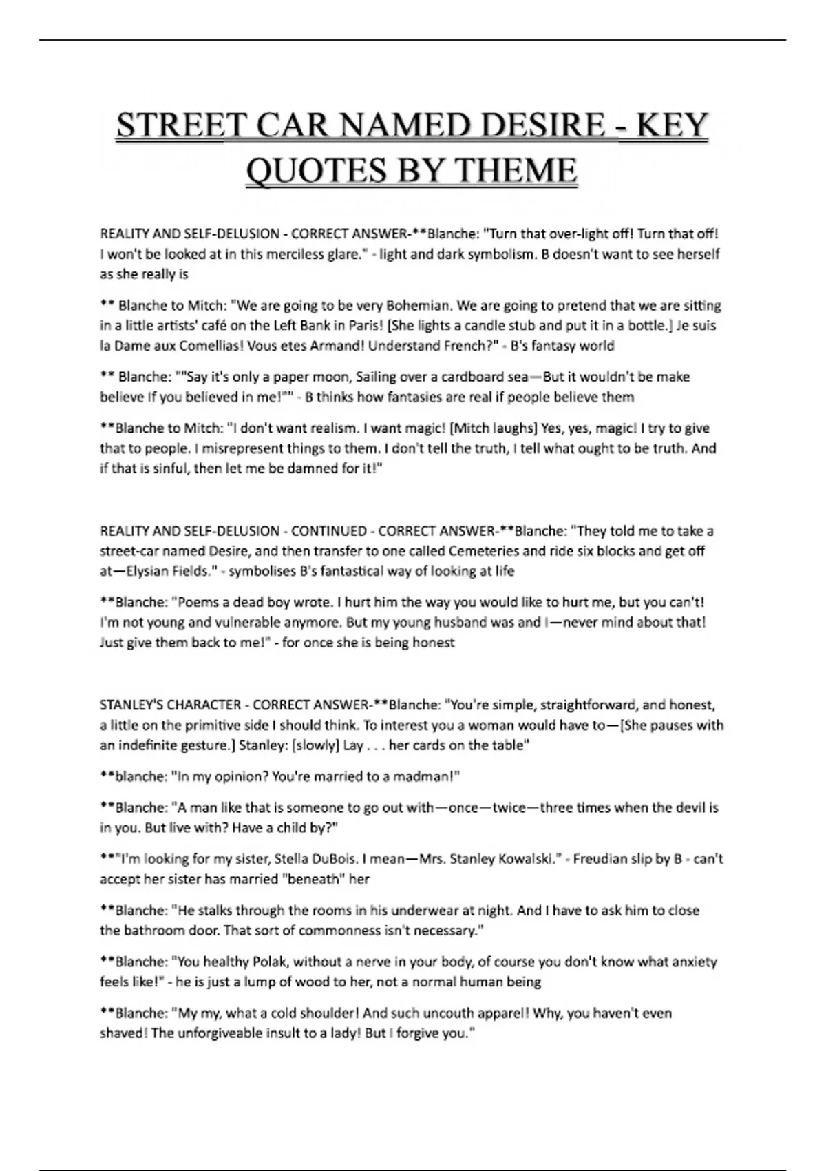 STREET CAR NAMED DESIRE - KEY QUOTES BY THEME - STREET CAR NAMED DESIRE ...