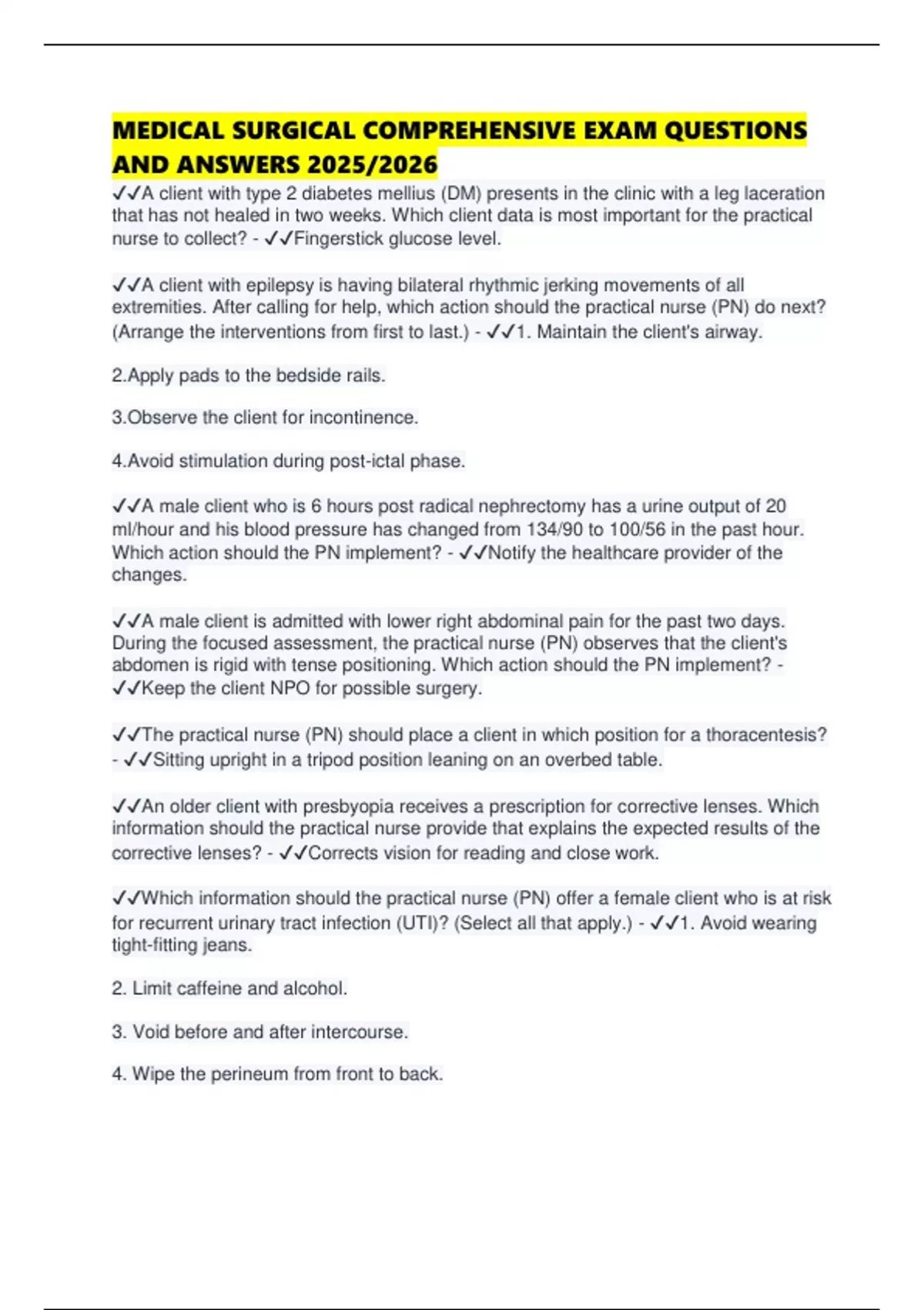 MEDICAL SURGICAL COMPREHENSIVE EXAM QUESTIONS AND ANSWERS 2025/2026 ...