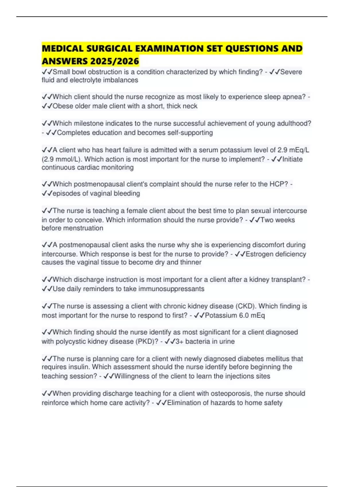 MEDICAL SURGICAL EXAMINATION SET QUESTIONS AND ANSWERS 2025/2026 ...