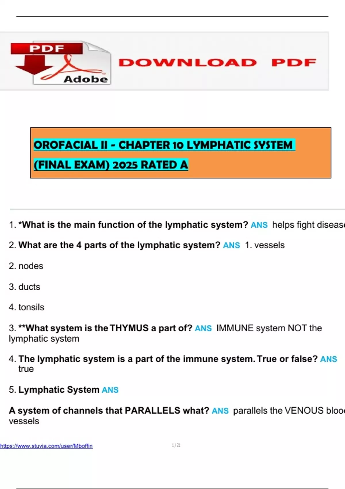 OROFACIAL II - CHAPTER 10 LYMPHATIC SYSTEM (FINAL EXAM) 2025 RATED A ...