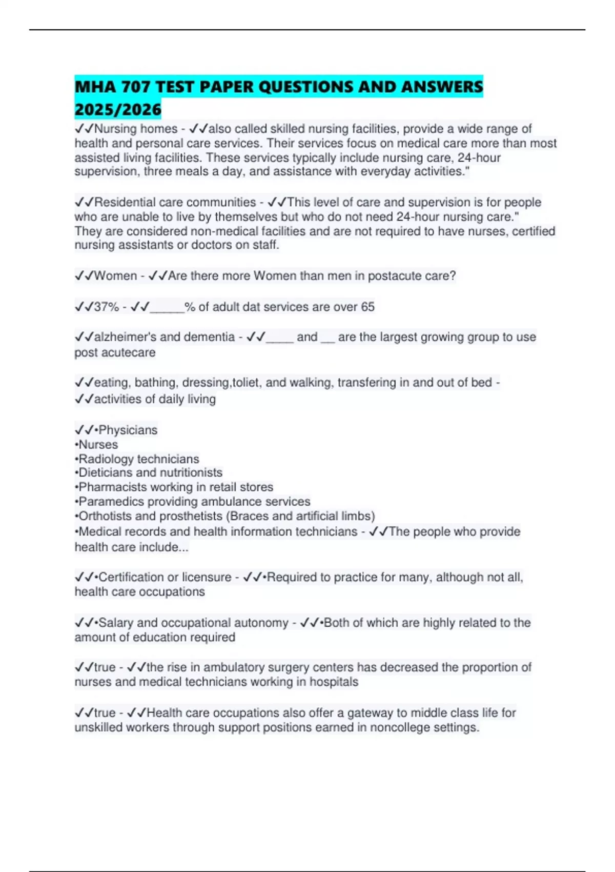 MHA 707 TEST PAPER QUESTIONS AND ANSWERS 2025/2026 - MHA 707 - Stuvia US