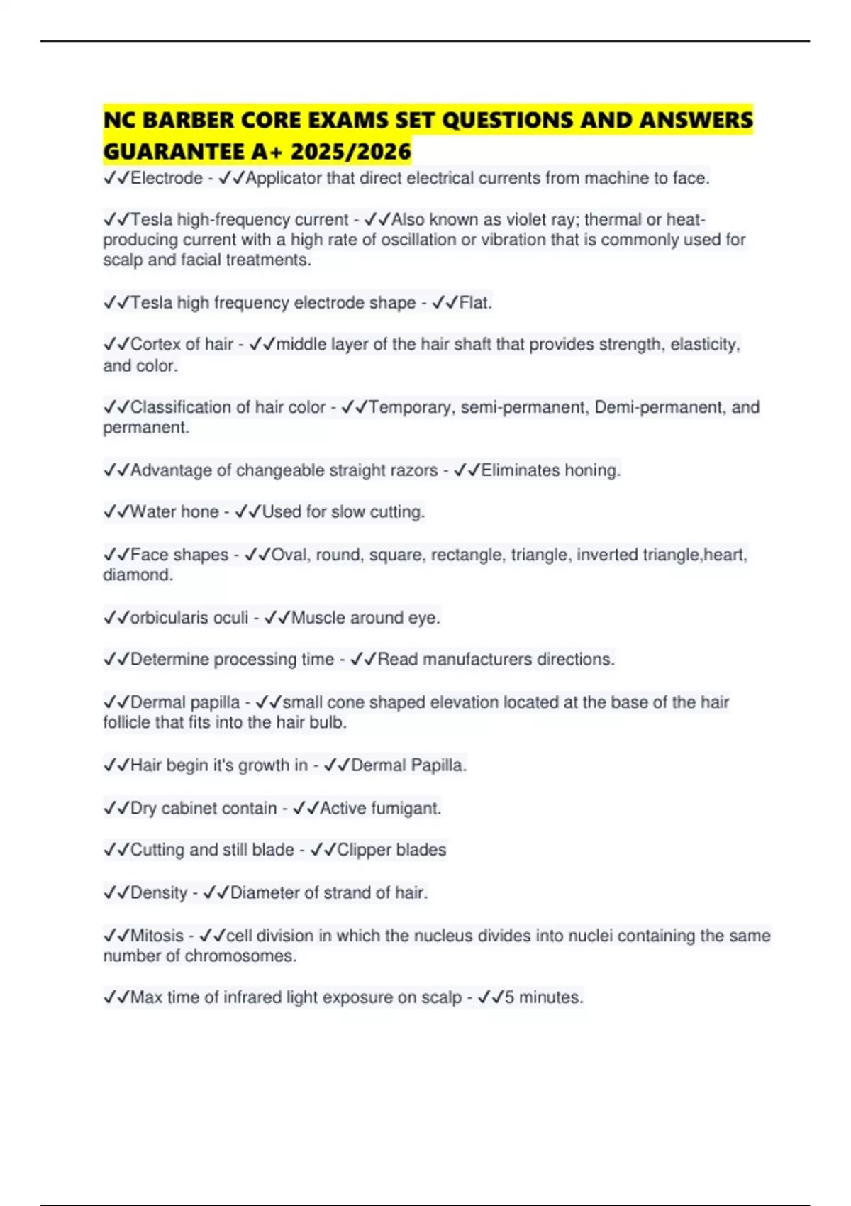 NC BARBER CORE EXAMS SET QUESTIONS AND ANSWERS GUARANTEE A+ 2025/2026 ...