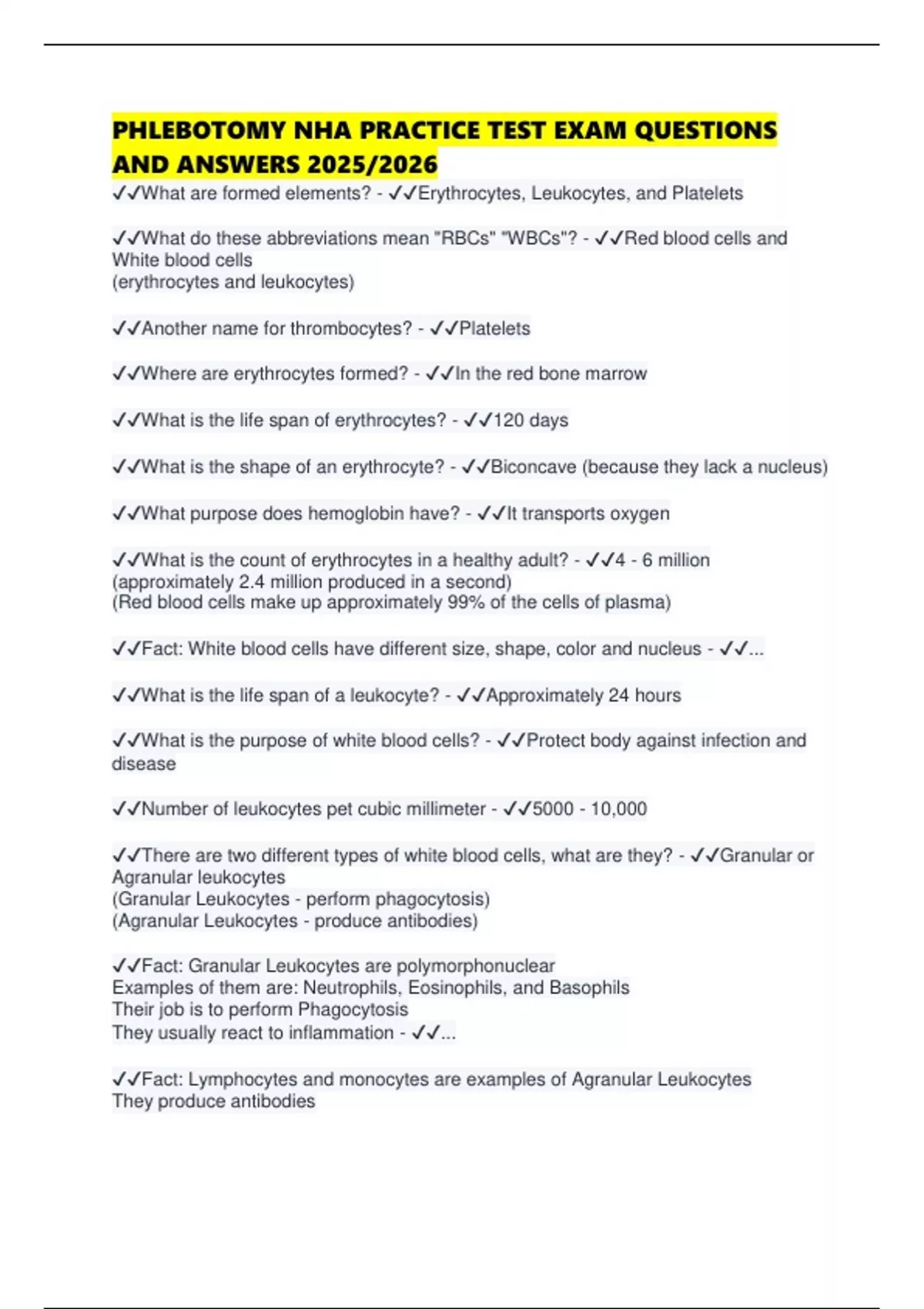 PHLEBOTOMY NHA PRACTICE TEST EXAM QUESTIONS AND ANSWERS 2025/2026 - Nha ...