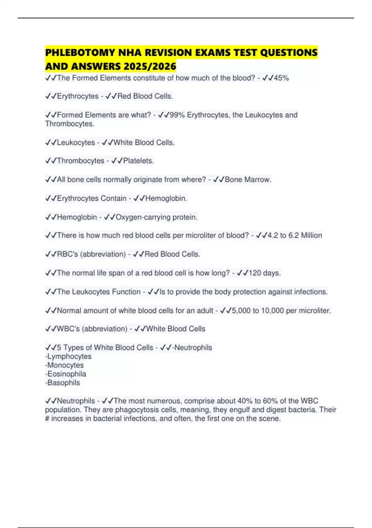 PHLEBOTOMY NHA REVISION EXAMS TEST QUESTIONS AND ANSWERS 2025/2026 ...