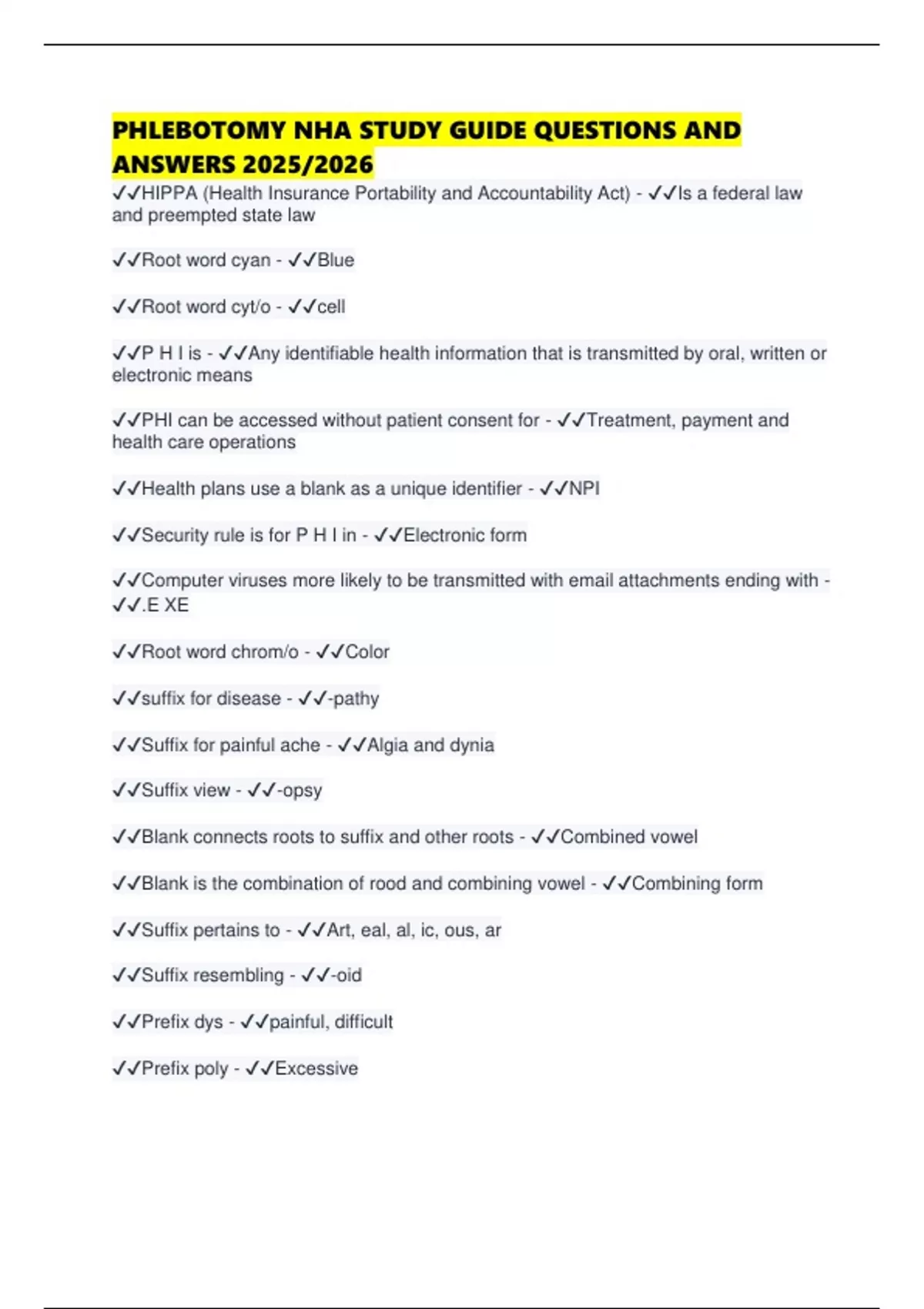 PHLEBOTOMY NHA STUDY GUIDE QUESTIONS AND ANSWERS 2025/2026 - Nha ...