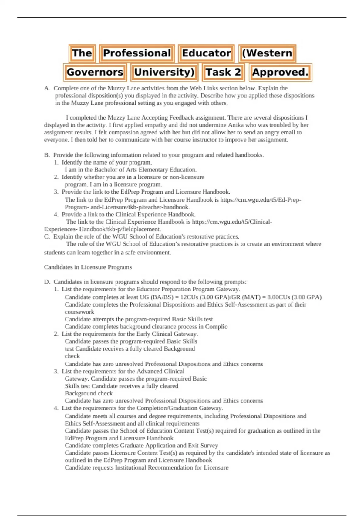 The Professional Educator (Western Governors University) Task 2 ...