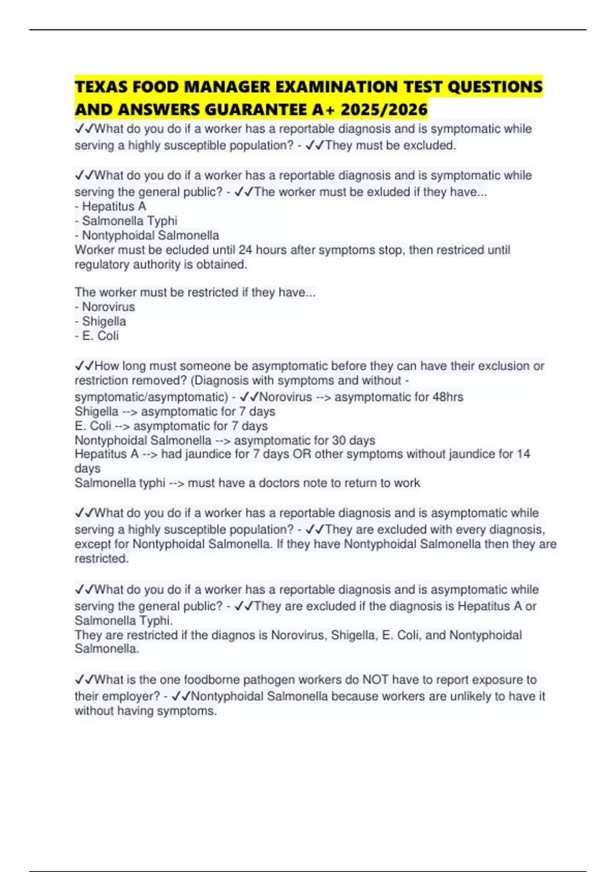 TEXAS FOOD MANAGER EXAMINATION TEST QUESTIONS AND ANSWERS GUARANTEE A+ ...