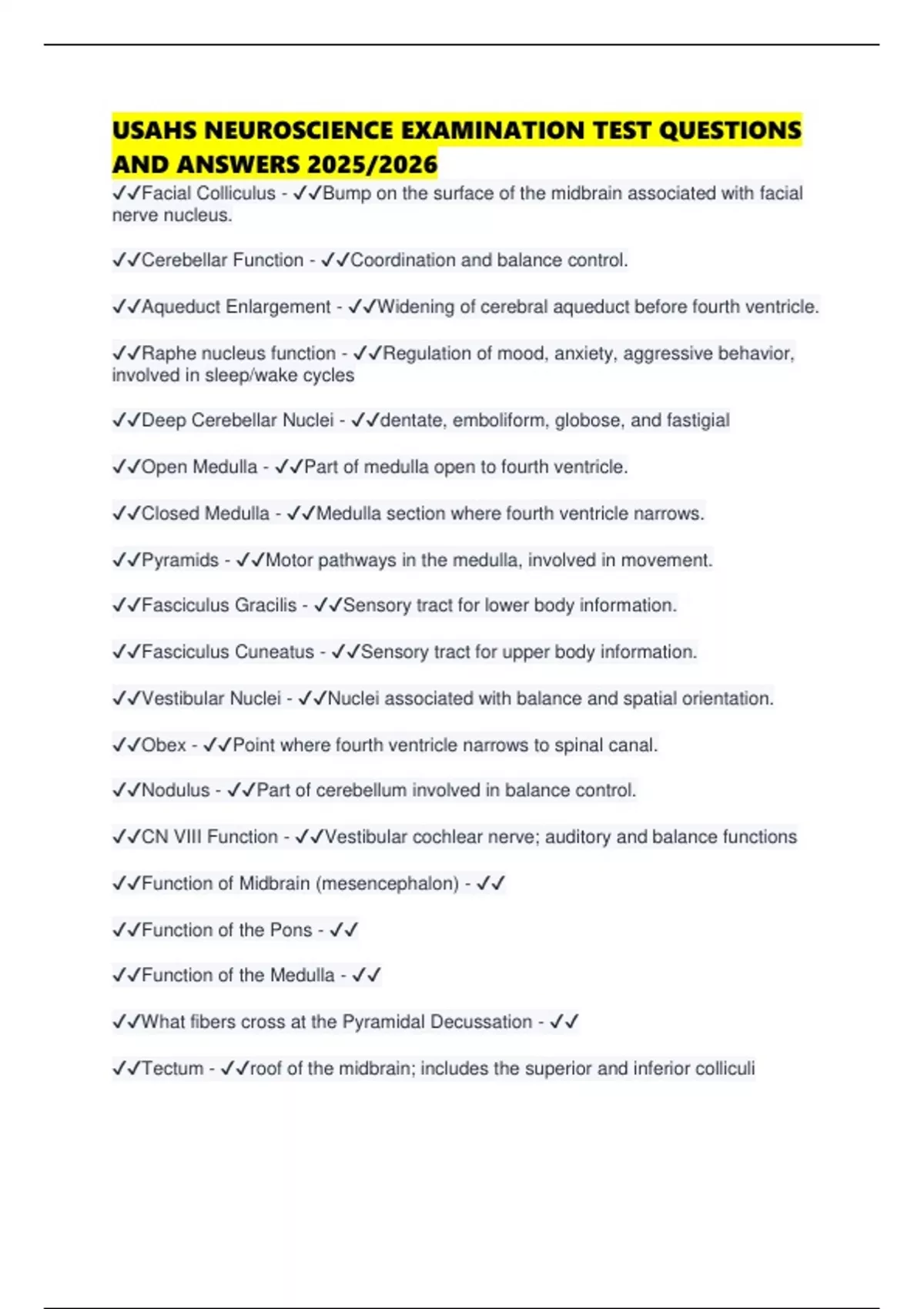 USAHS NEUROSCIENCE EXAMINATION TEST QUESTIONS AND ANSWERS 2025/2026 ...