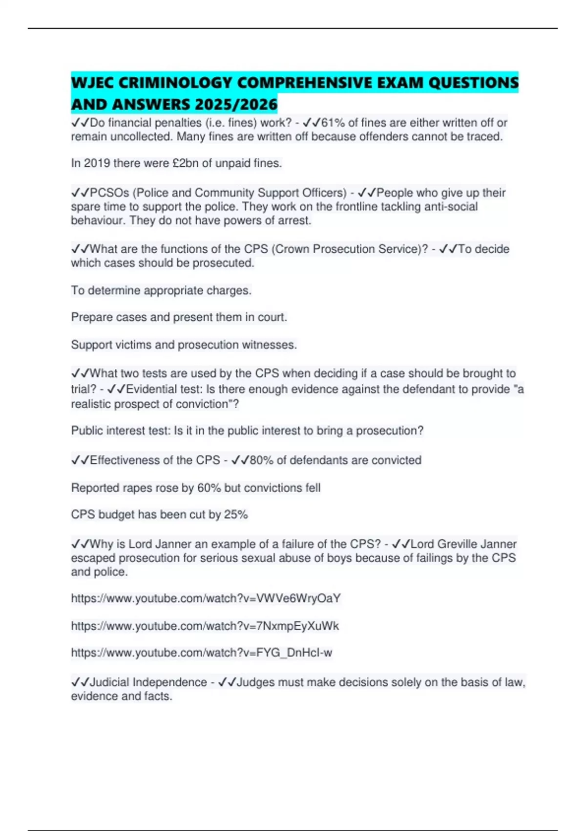 WJEC CRIMINOLOGY COMPREHENSIVE EXAM QUESTIONS AND ANSWERS 2025/2026 ...