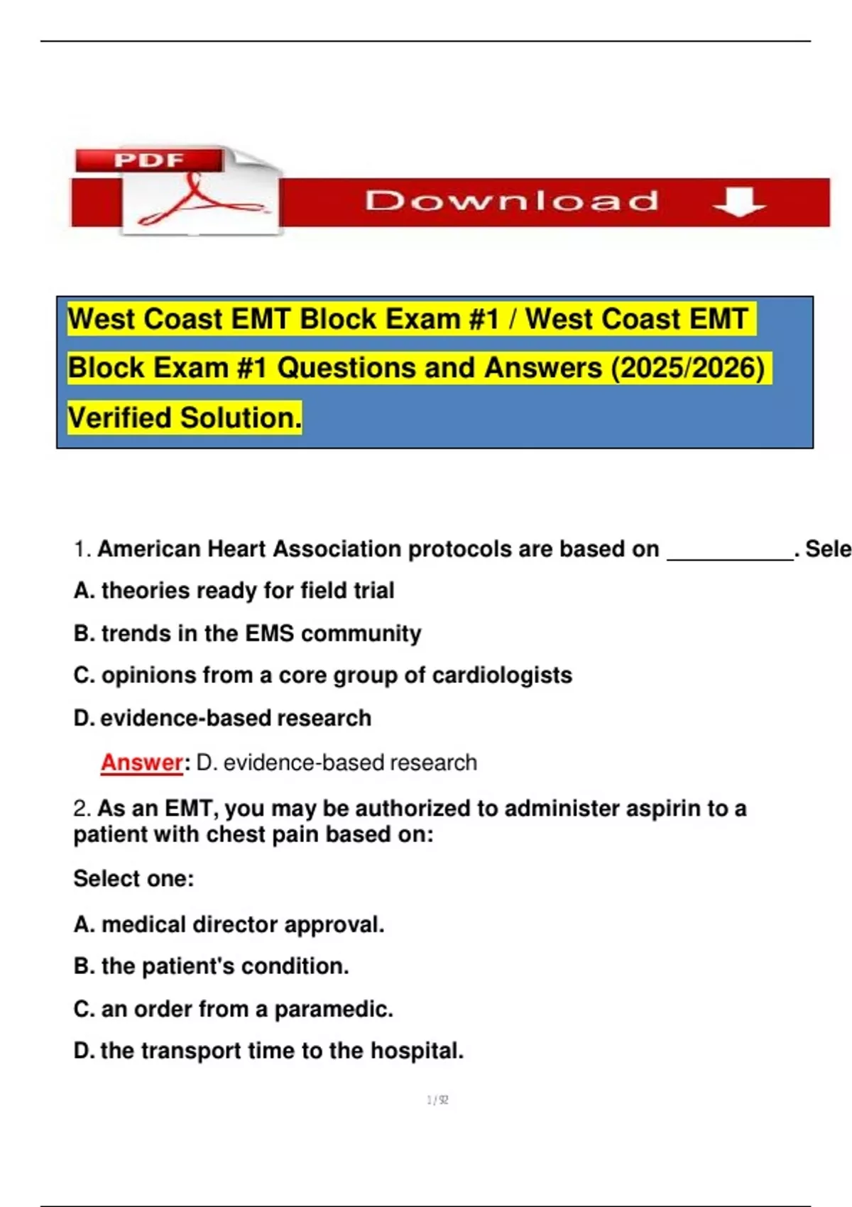 West Coast EMT Block Exam #1 / West Coast EMT Block Exam #1 Questions ...