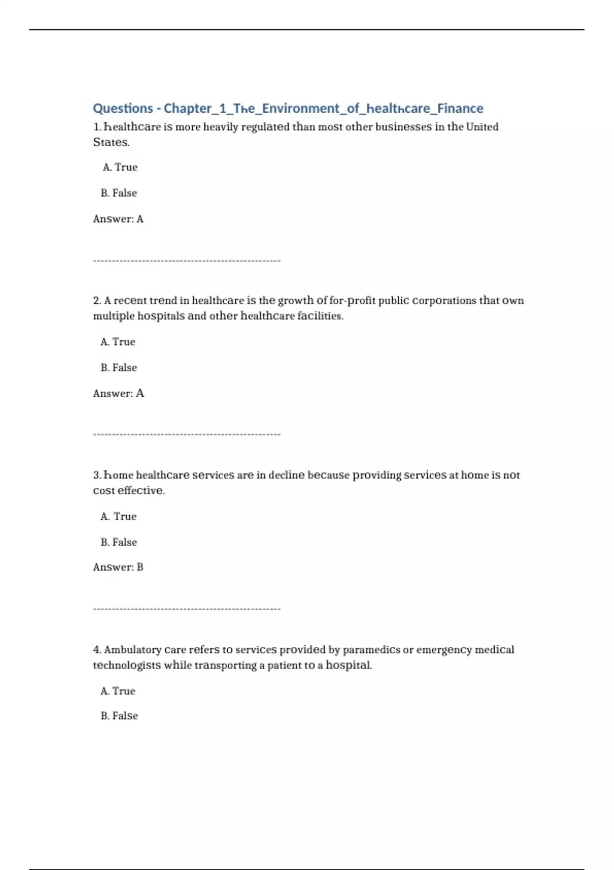 test bank, practice questions: Introduction to Health Care - (2025 ...