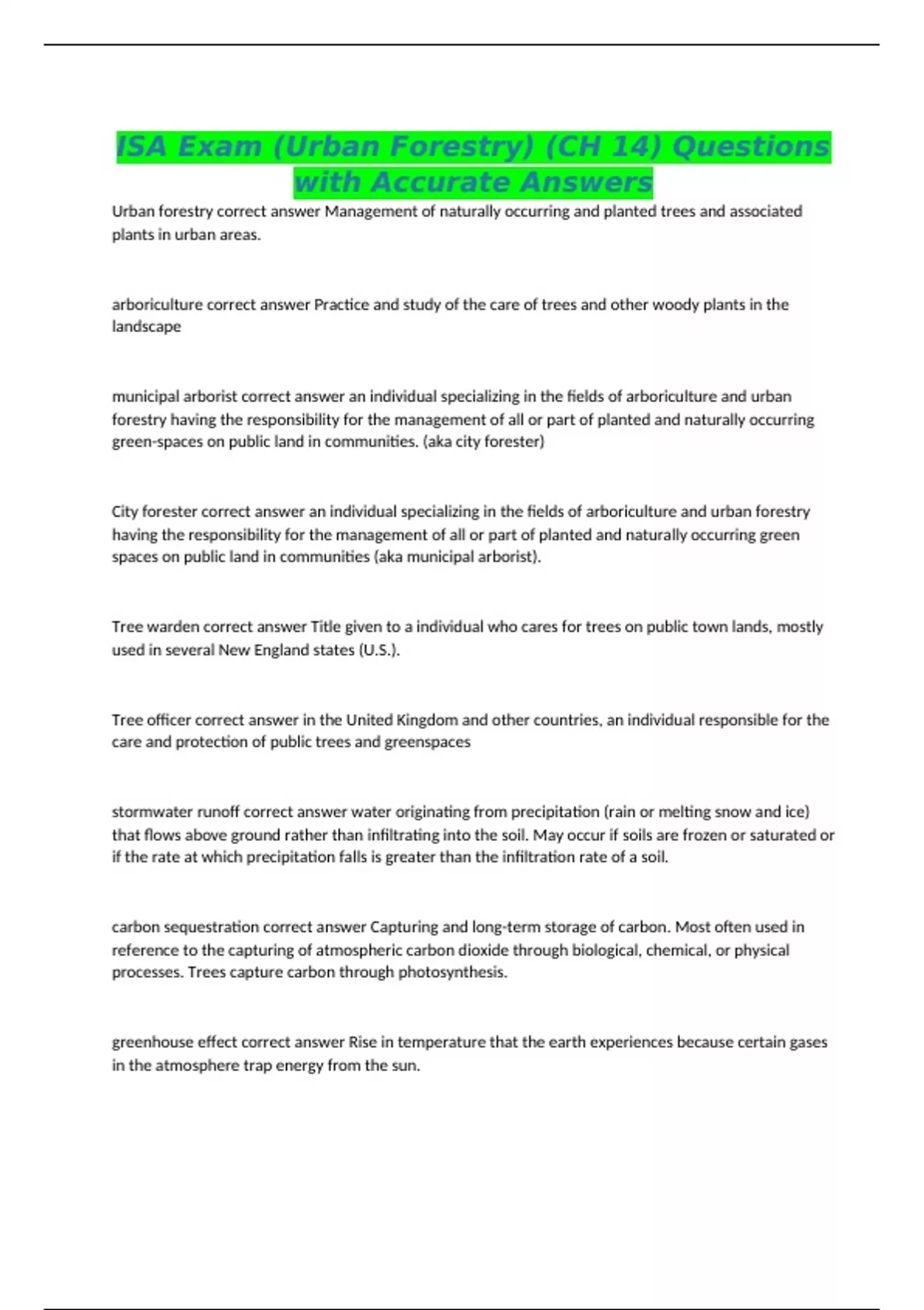 ISA Exam (Urban Forestry) (CH 14) Questions with Accurate Answers ...