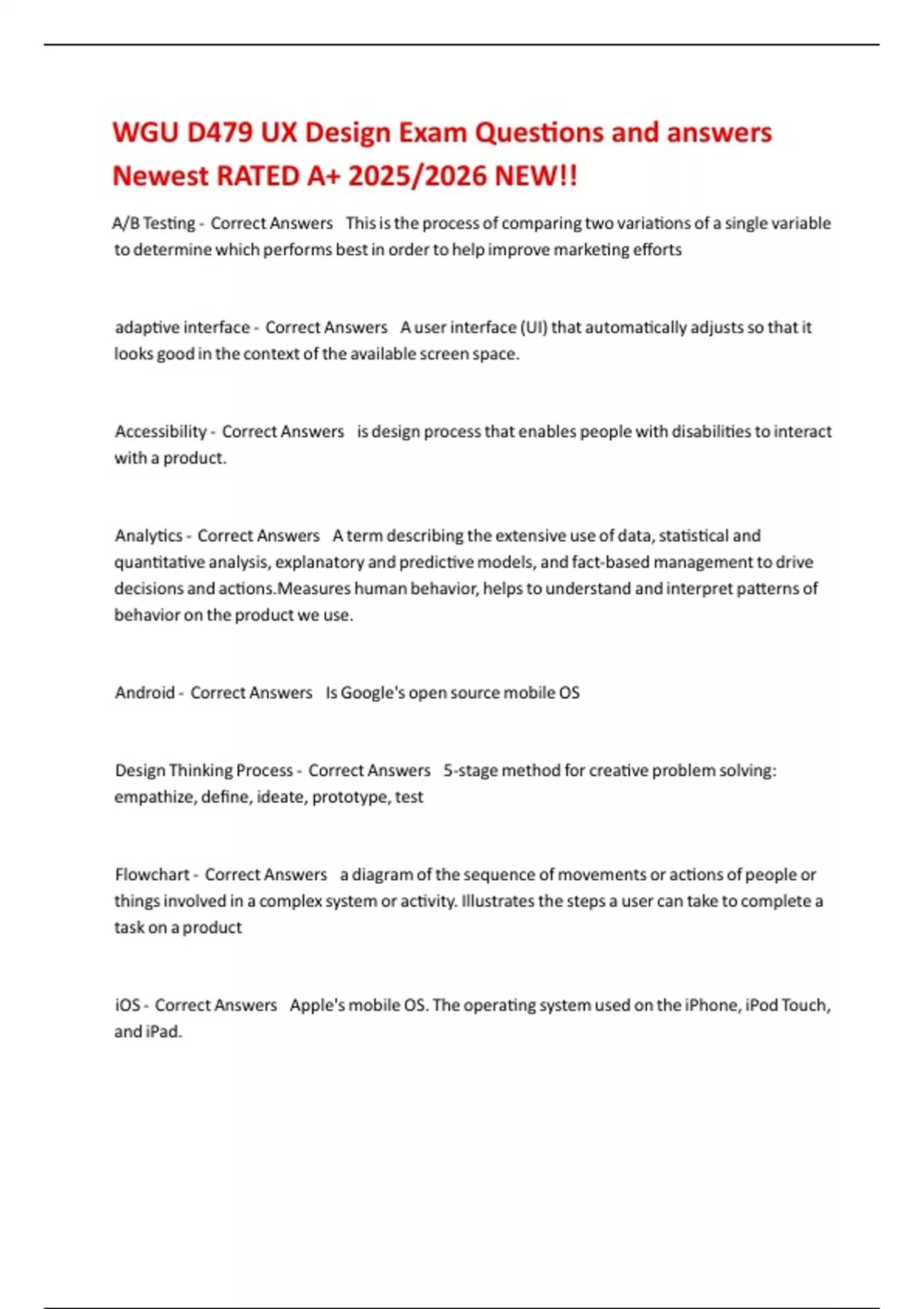 WGU D479 UX Design Exam Questions and answers Newest RATED A+ 2025/2026 ...