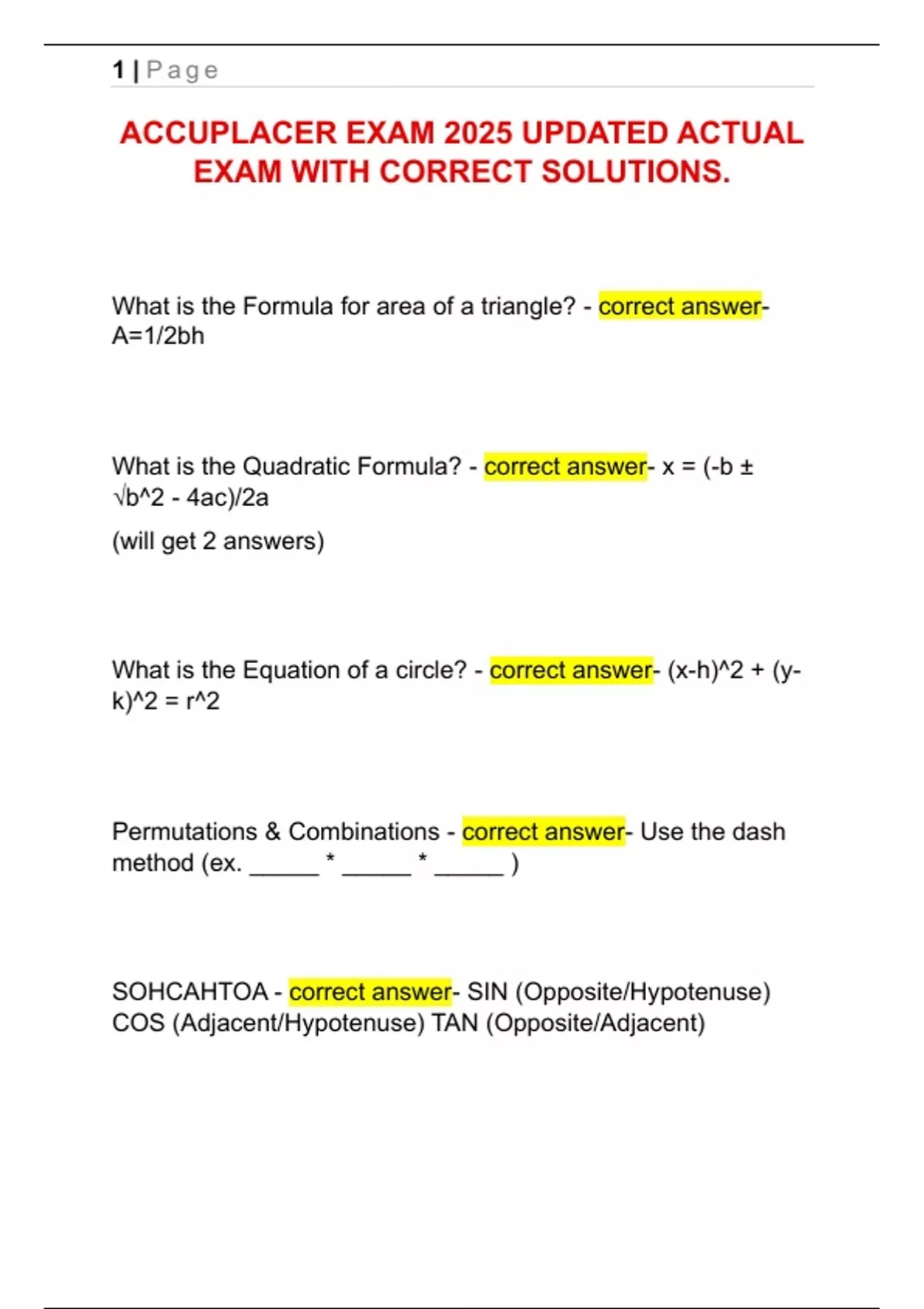 Accuplacer Exam – 2025 Updated Actual Exam with Correct Answers | Math ...