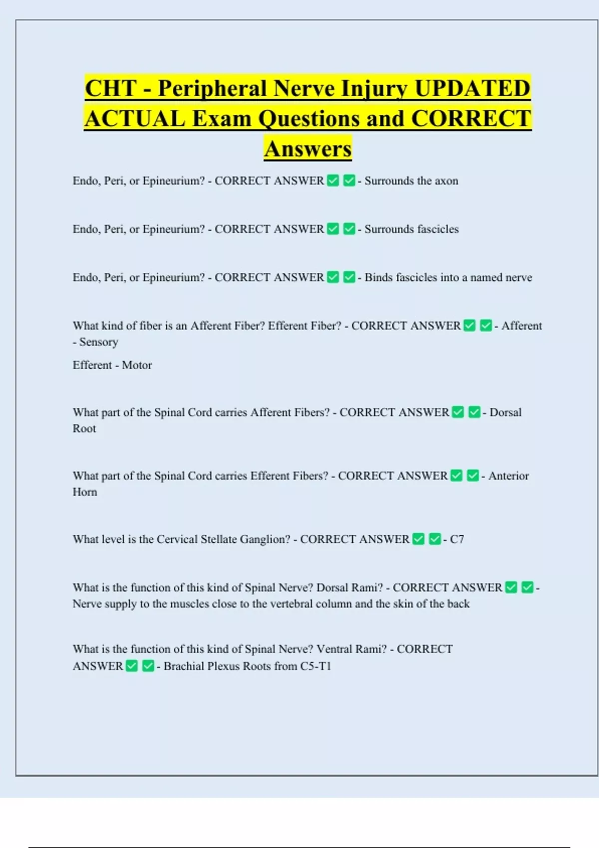 Cht Peripheral Nerve Injury Updated Actual Exam Questions And Correct