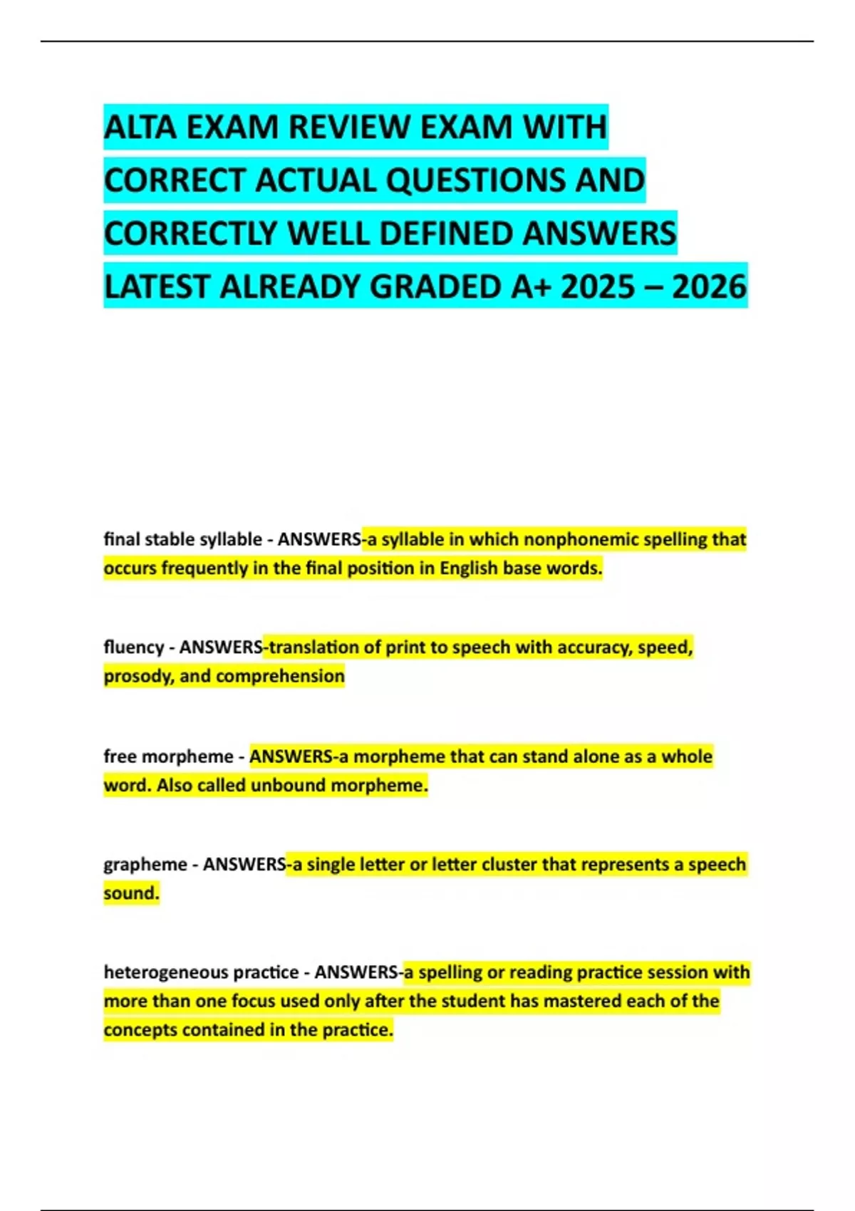 ALTA EXAM REVIEW EXAM WITH CORRECT ACTUAL QUESTIONS AND CORRECTLY WELL ...
