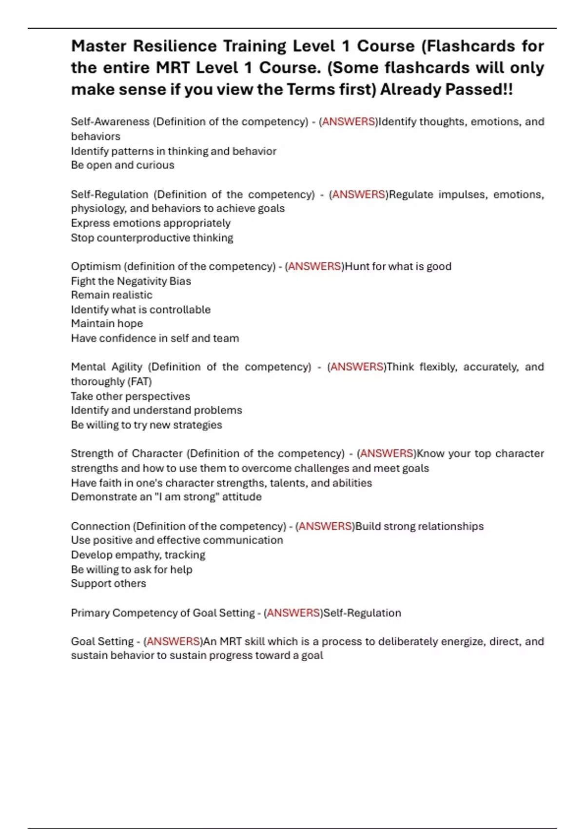 Master Resilience Training Level 1 Course (Flashcards for the entire ...