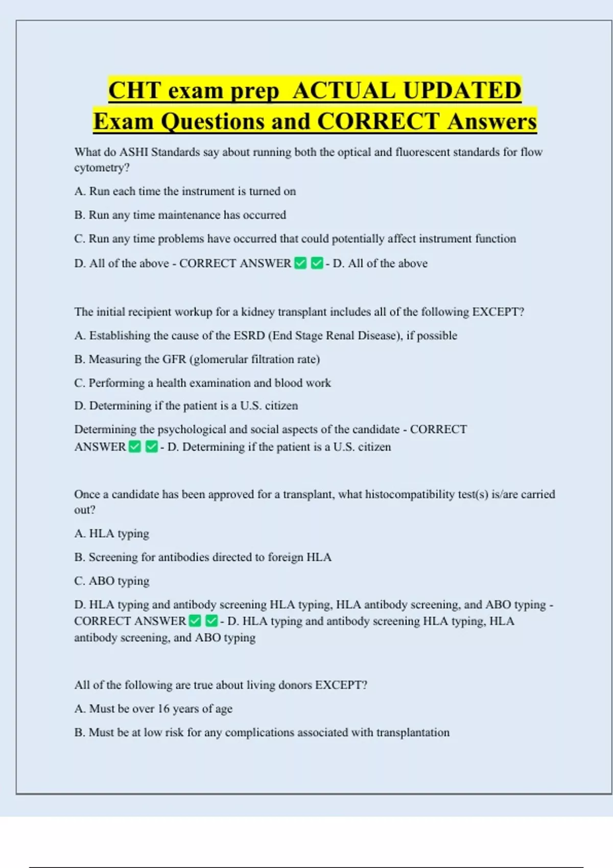 CHT exam prep ACTUAL UPDATED Exam Questions and CORRECT Answers - Cht ...