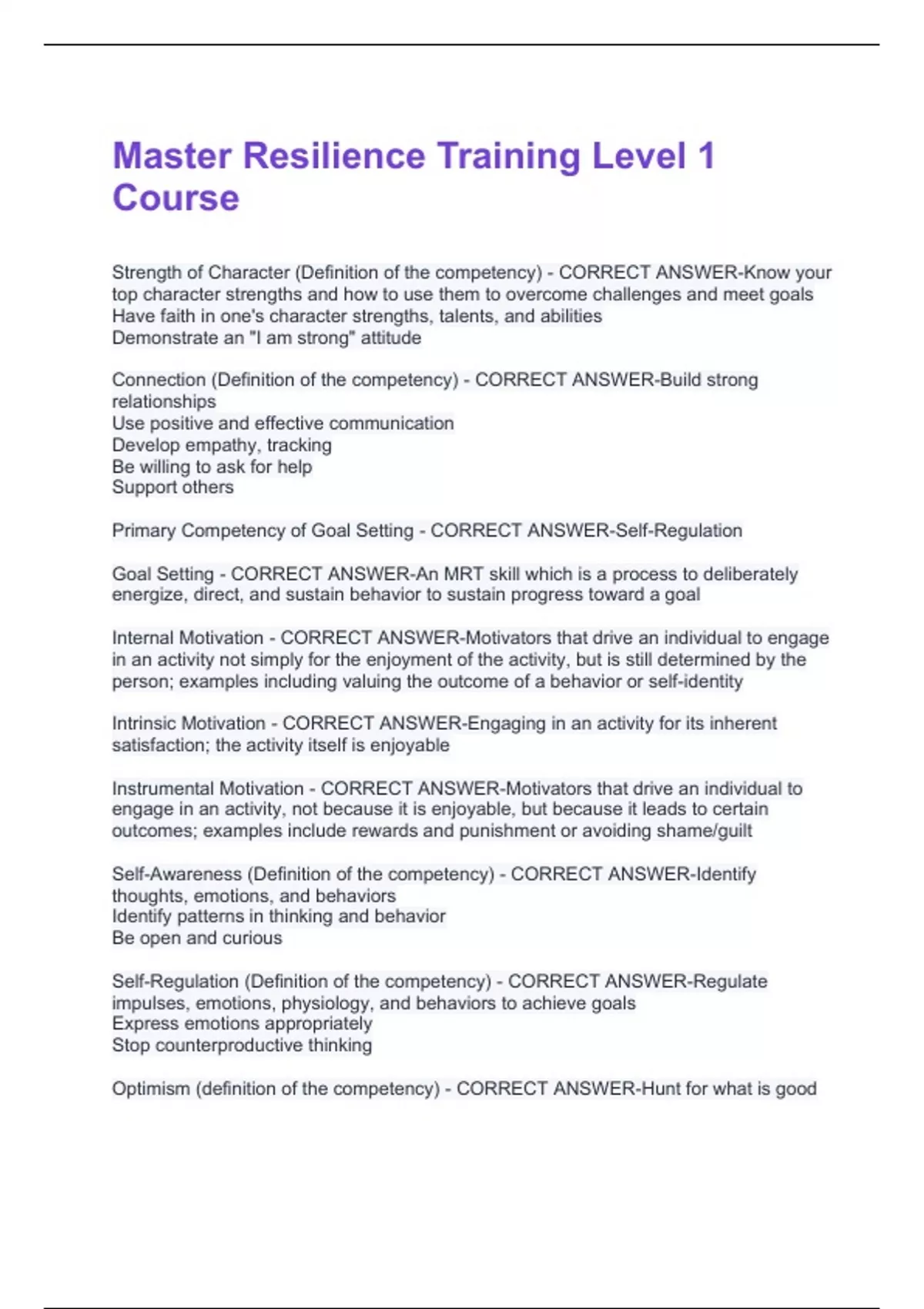 Master Resilience Training Level 1 Course Questions And Answers | 2025 ...