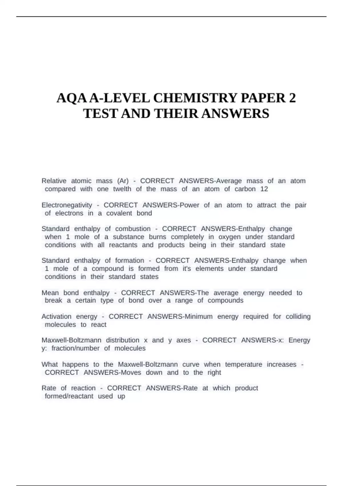 AQA A-LEVEL CHEMISTRY PAPER 2 TEST AND THEIR ANSWERS - Chemistry ...